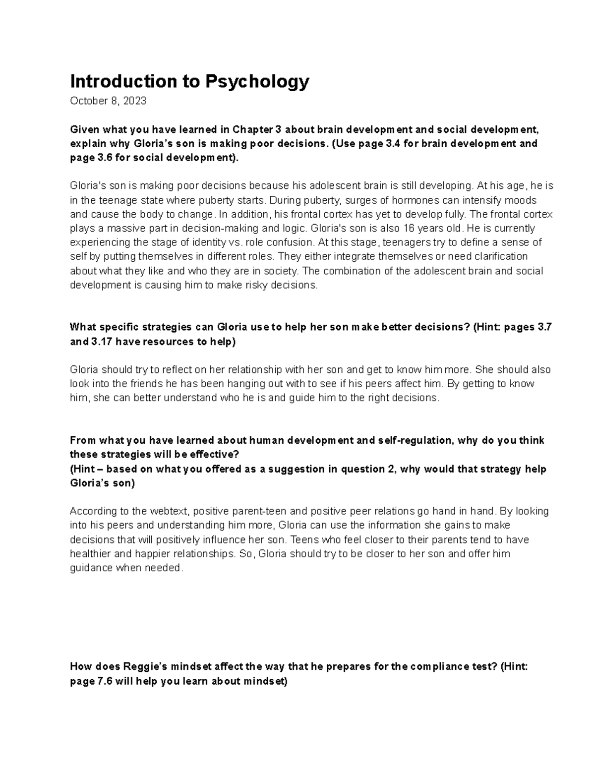 Week 7 Case Study Assignment - Introduction to Psychology October 8 ...