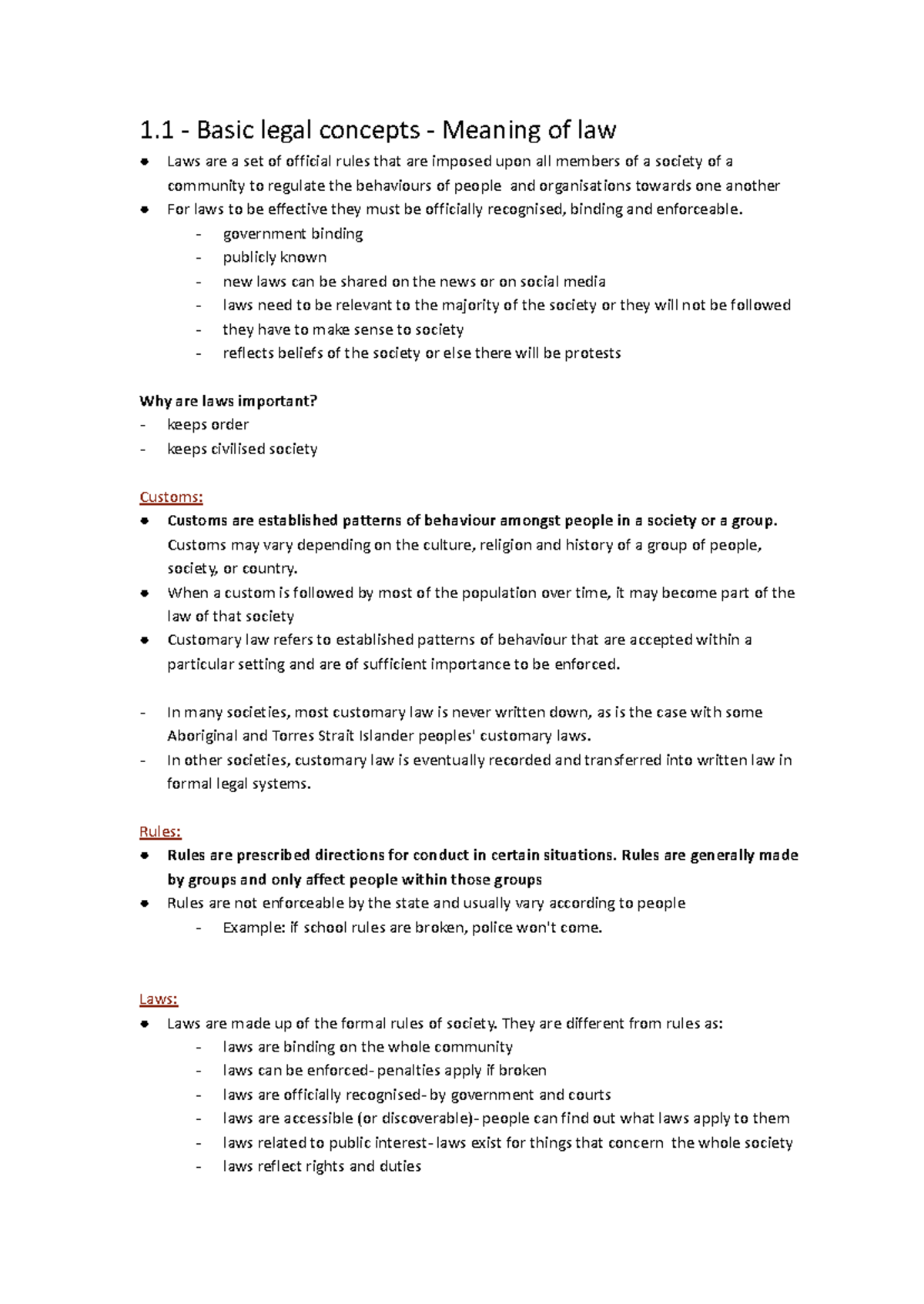 Legal study notes 1.1 - 1 - Basic legal concepts - Meaning of law Laws ...