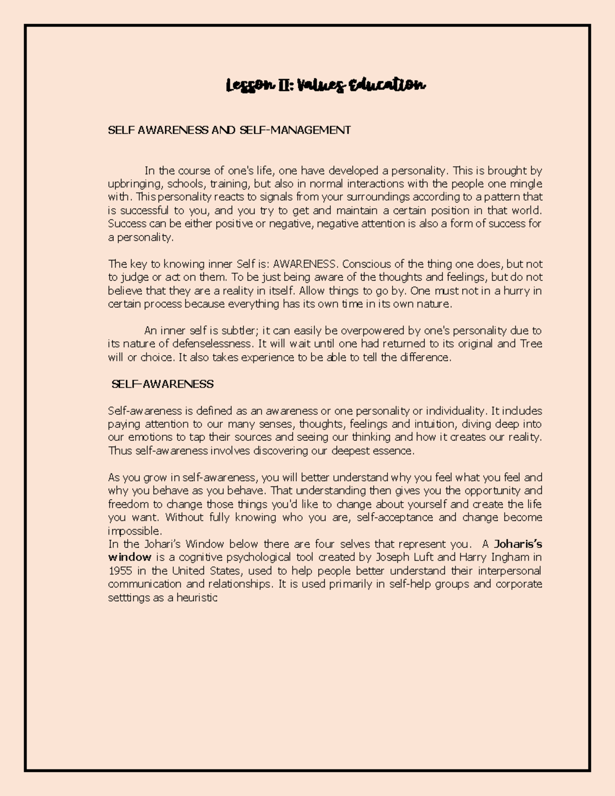 Lesson II Values Education - Lesson II: Values Education SELF AWARENESS ...