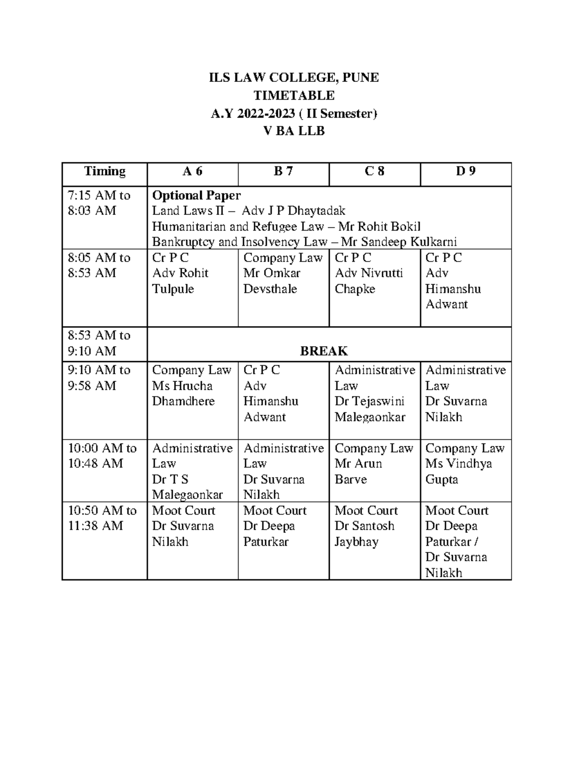 V-BA-LLB - ILS LAW COLLEGE, PUNE TIMETABLE A 2022-2023 ( II Semester) V ...
