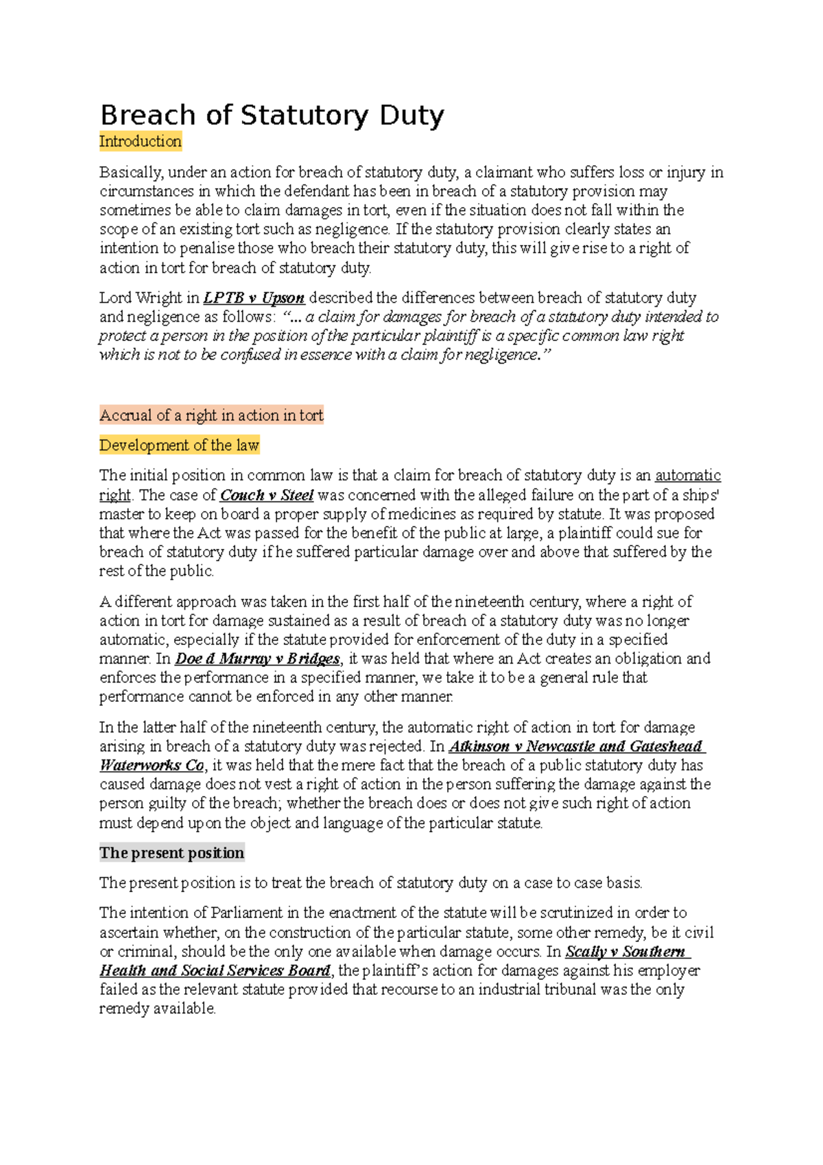 Notes on Breach of Statutory Duty - Breach of Statutory Duty ...