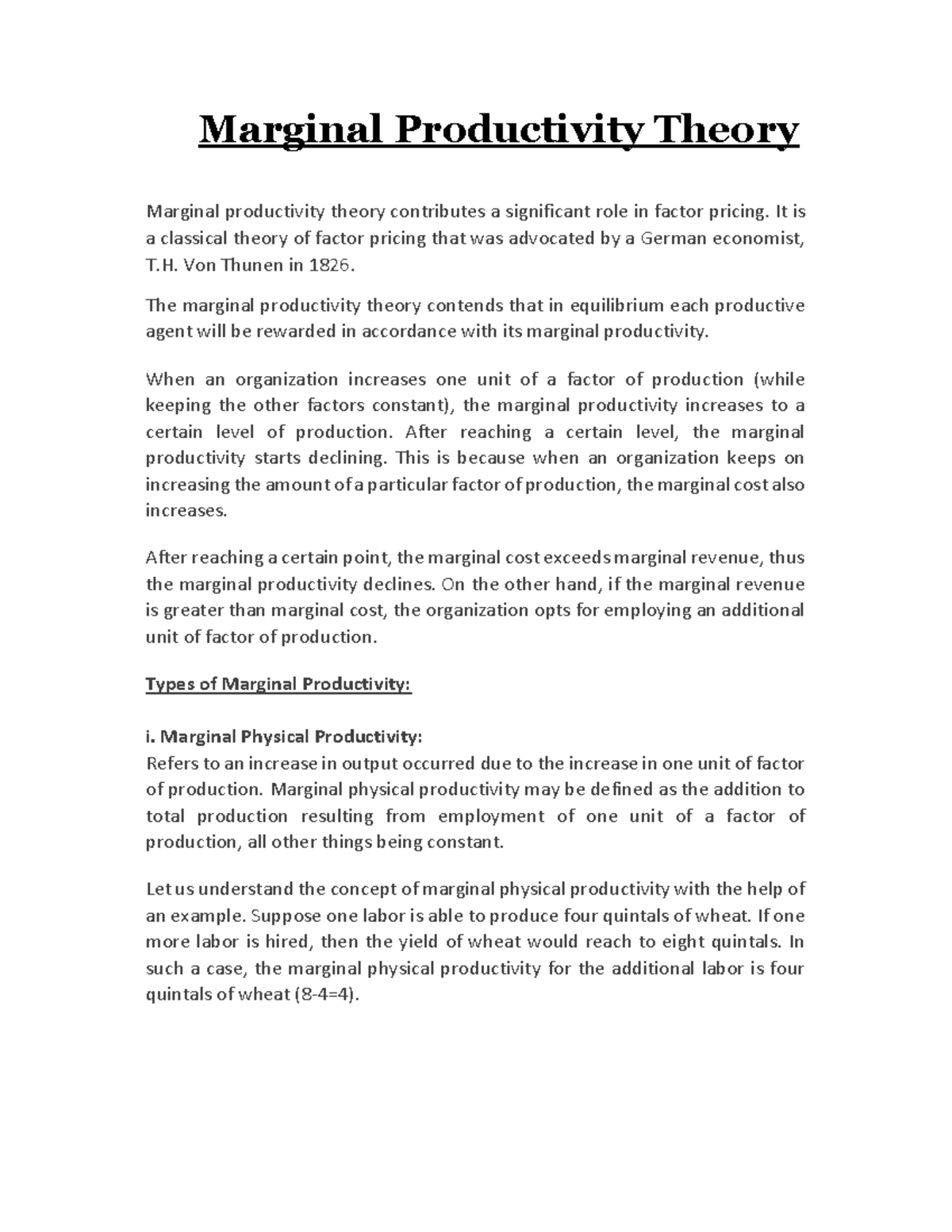 Introduction Marginal Productivity Theory - Marginal Productivity ...