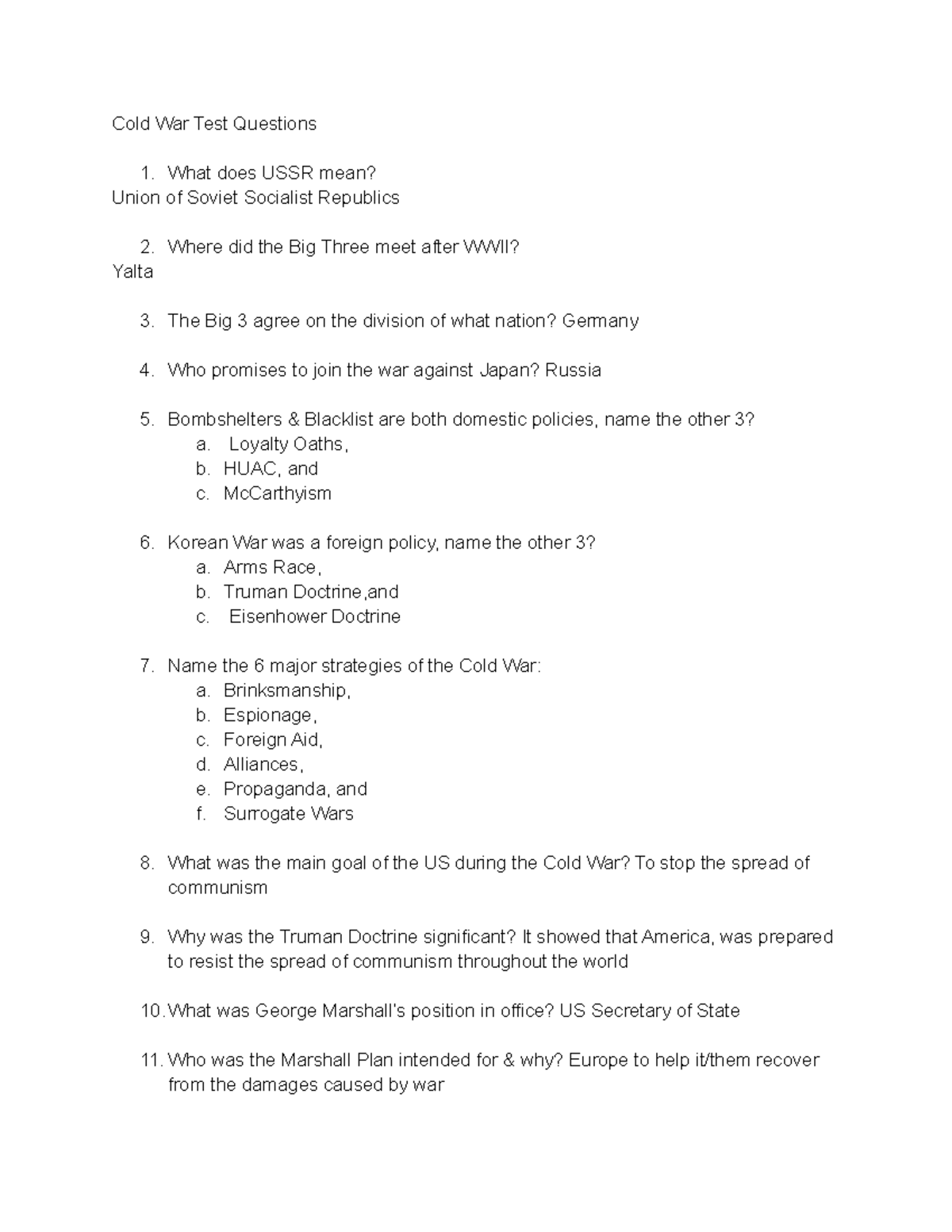 Cold War Test Questions Guide - Cold War Test Questions What does USSR ...
