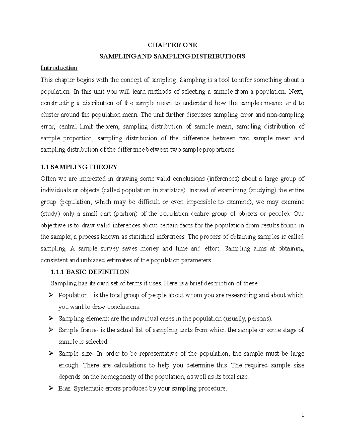 Stat 2 CH I to VI - CHAPTER ONE SAMPLING AND SAMPLING DISTRIBUTIONS Introduction This chapter ...