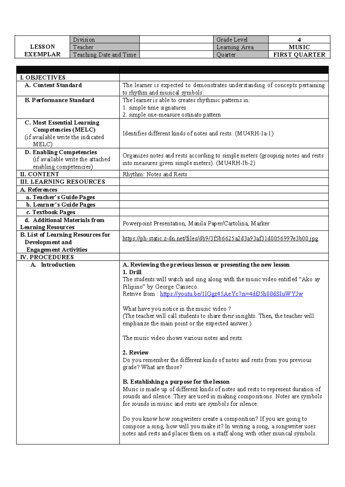 Music LP Grade 4 Rhythm- Notes AND Rests - LESSON EXEMPLAR Division ...