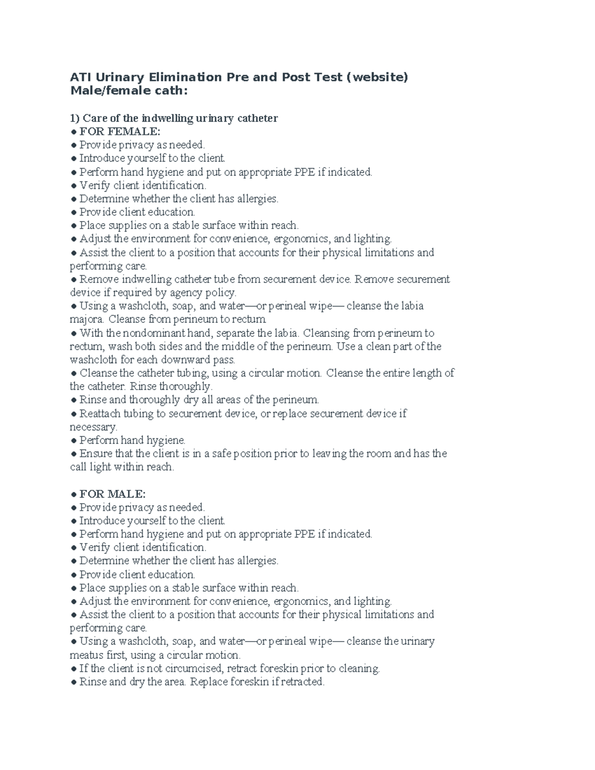Male & Female Cath lab - Essay how to do - ATI Urinary Elimination Pre ...