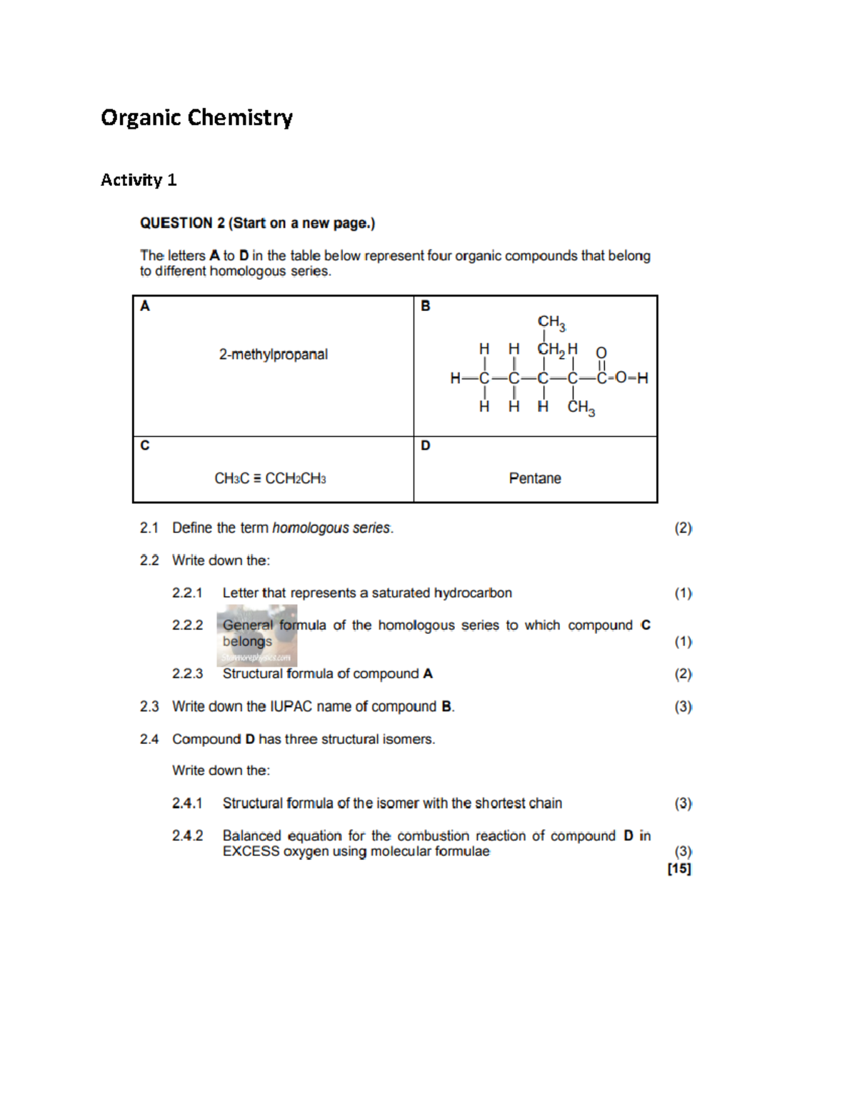 Organic Chemistry 50 Questions - 222 - Organic Chemistry Activity 1 ...