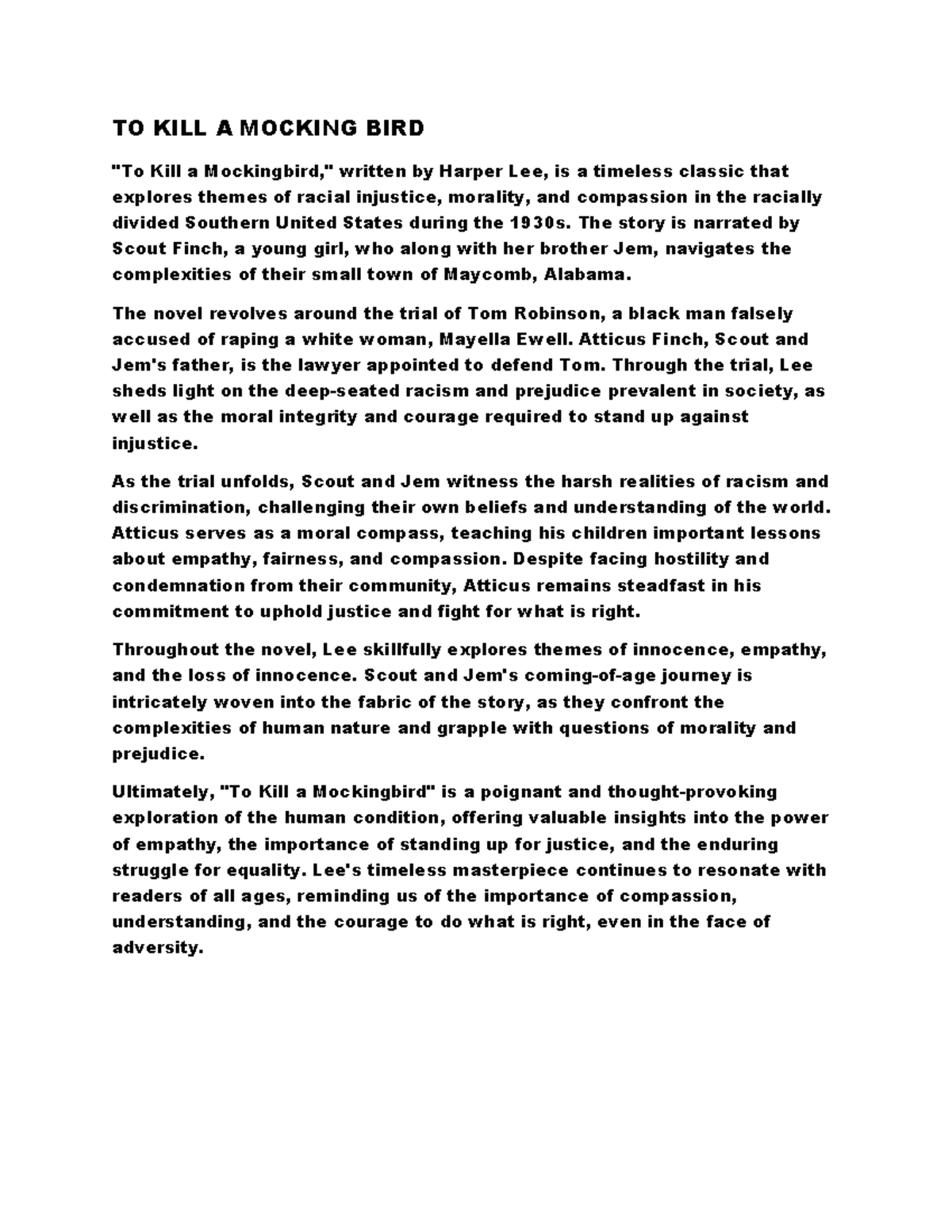 TO KILL A Mocking BIRD - A short summary of the book - TO KILL A ...