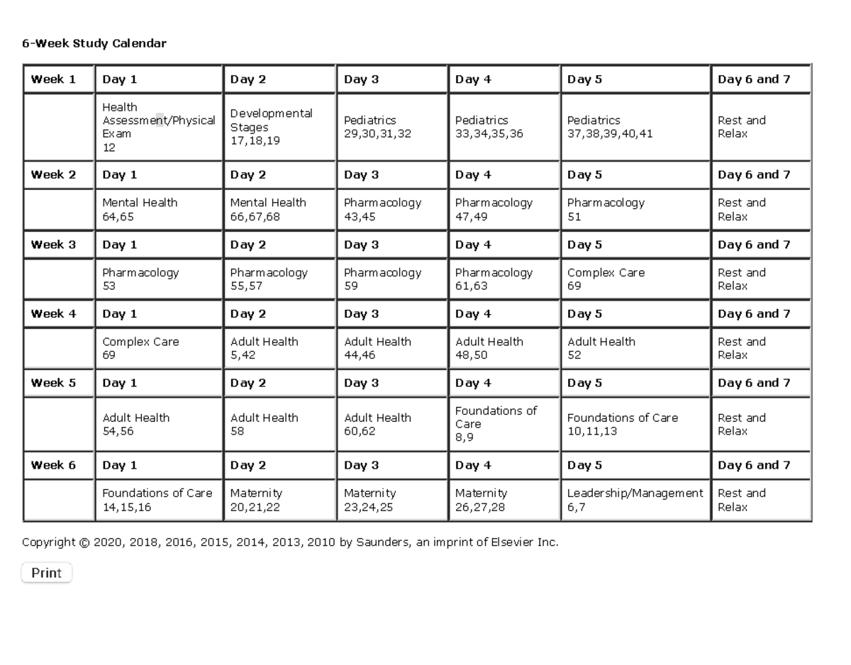 Study Calendar - 6-Week Study Calendar Week 1 Day 1 Day 2 Day 3 Day 4 ...