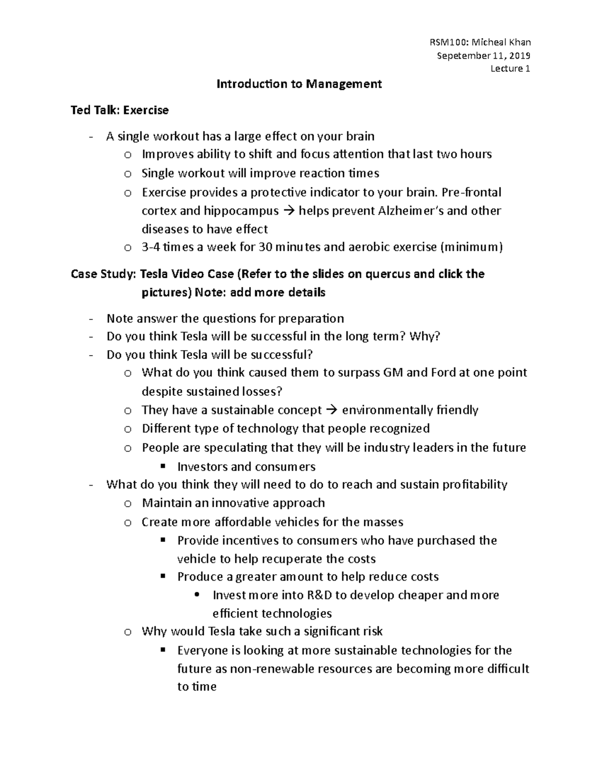 Introduction to Management Lecture 1 - Sepetember 11, 2019 Lecture 1 ...
