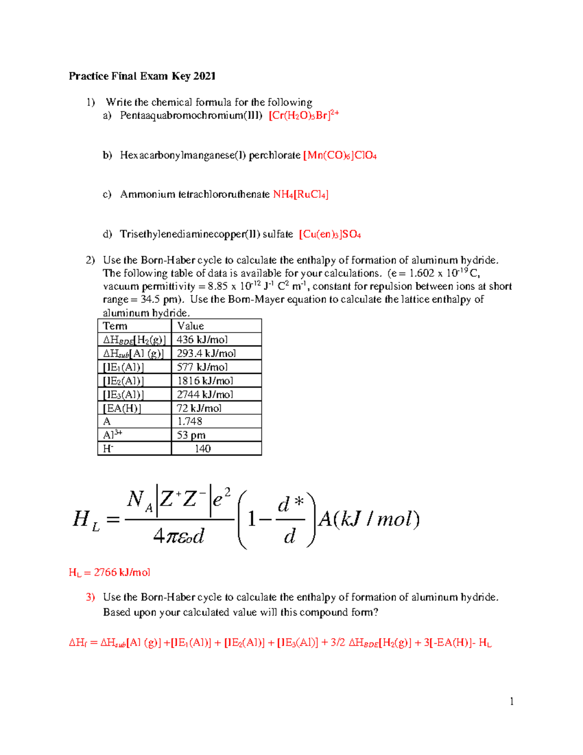 Practice Exam Final Answer Key 2021 Inorganic Chemistry Practice 