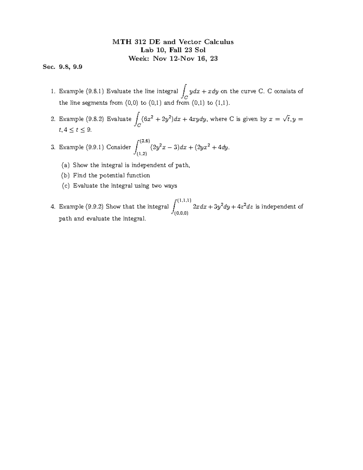 Lab 10 V1 - lab work - MTH 312 DE and Vector Calculus Lab 10, Fall 23 ...