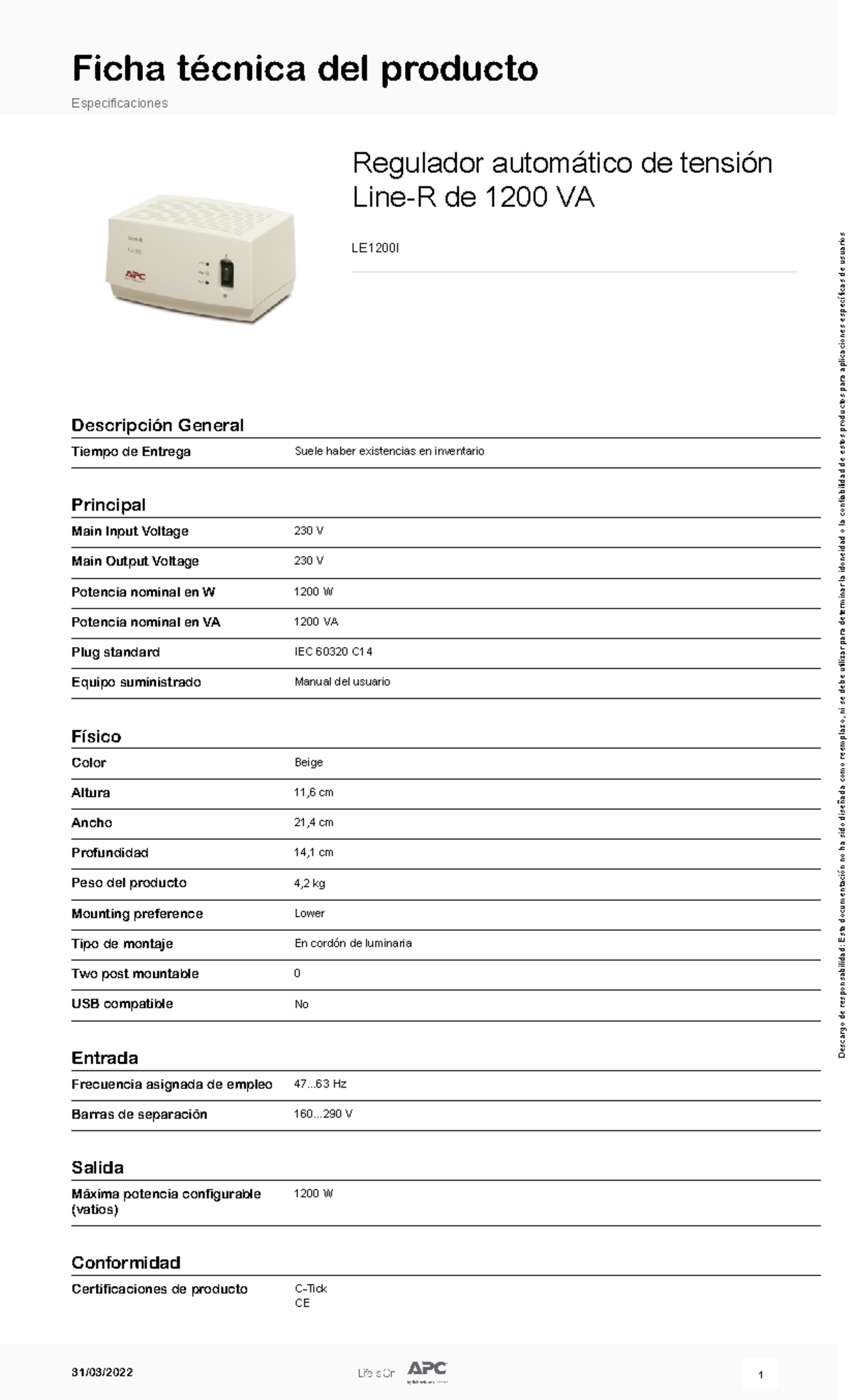 Line-R LE1200I Regulador de Voltaje Schneider E. - Ficha técnica del ...