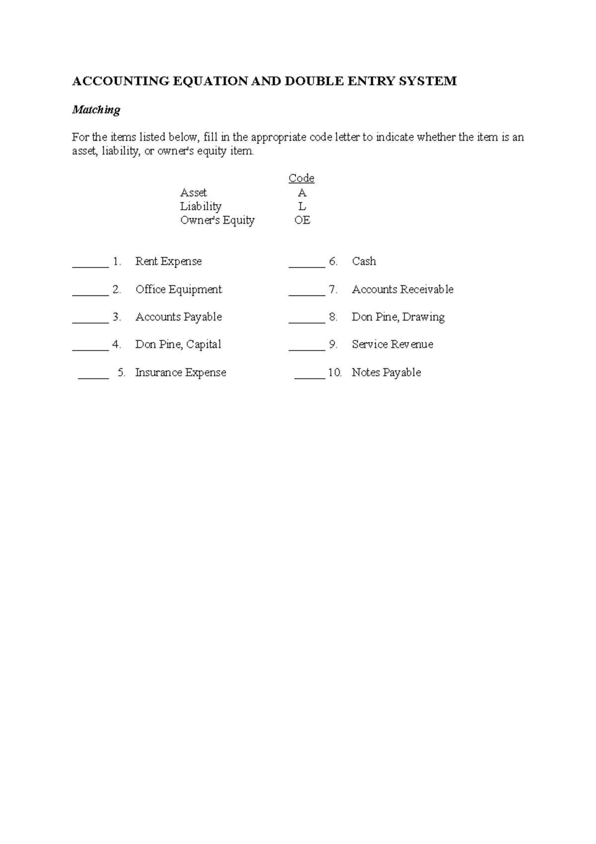 Exercises for accounting equation - ACCOUNTING EQUATION AND DOUBLE ...