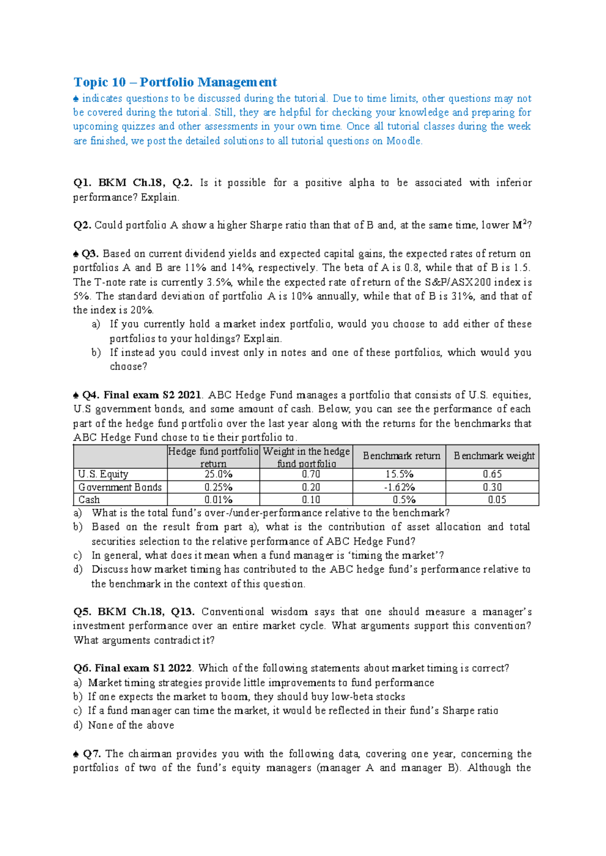 Tute 10 Qs - Topic 10 – Portfolio Management ♠ indicates questions to ...