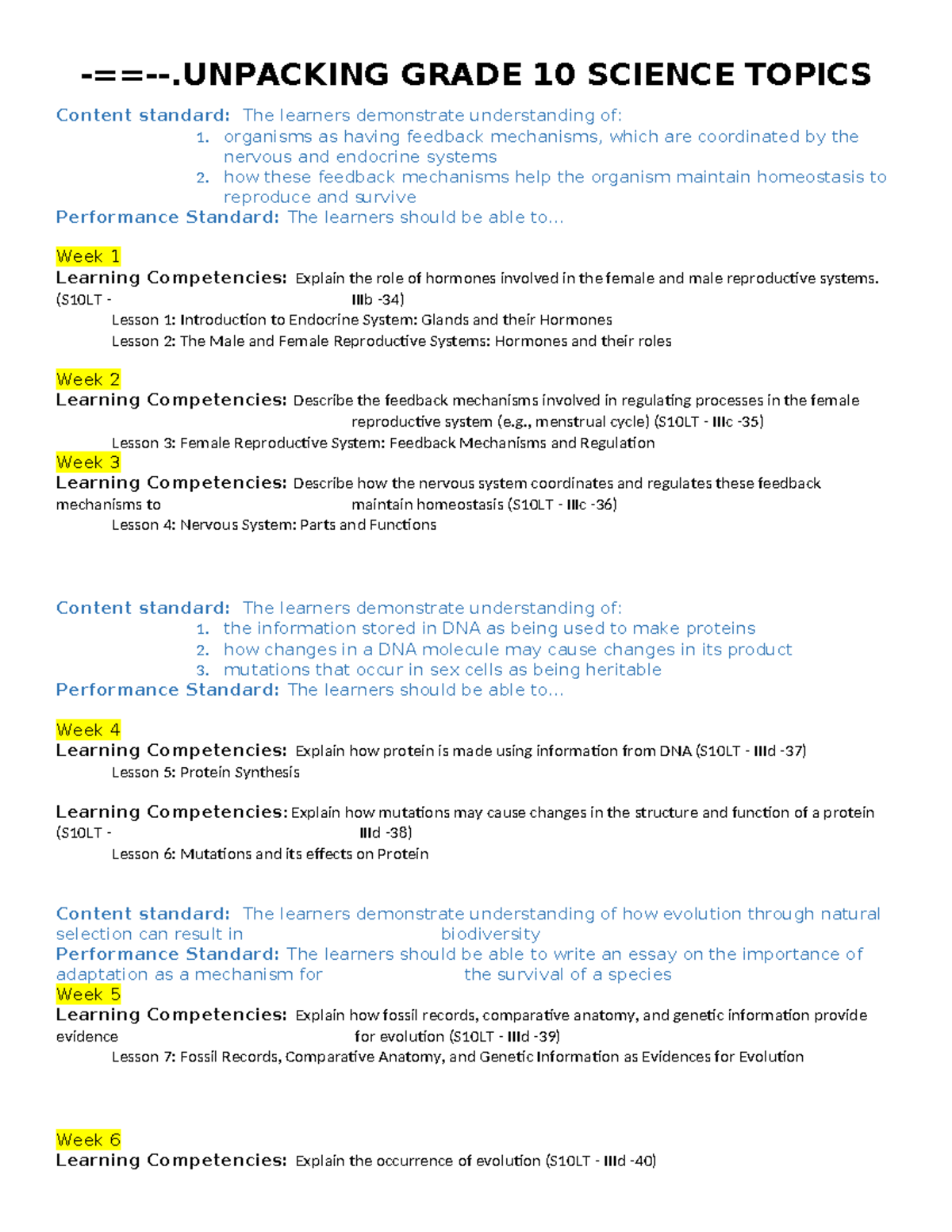 G10-topics - Summary Field Study -==- GRADE 10 SCIENCE TOPICS Content ...