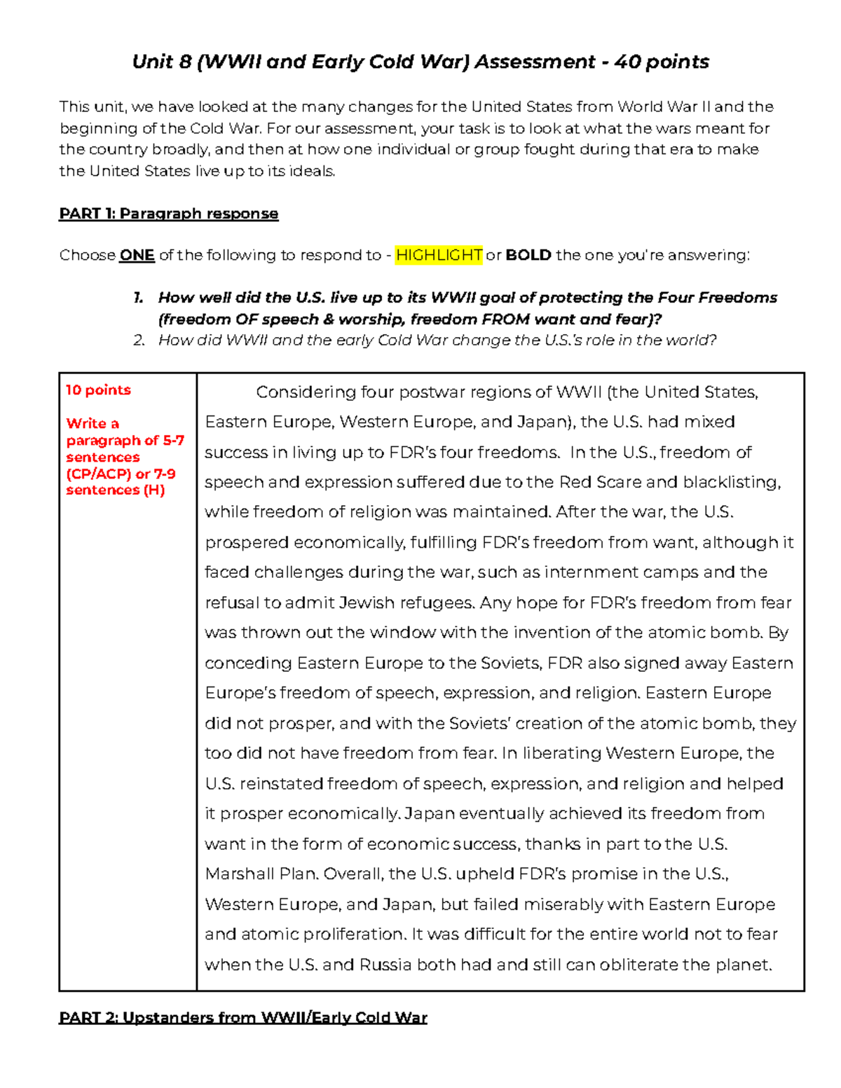 Copy of WWII and Early Cold War Assessment - 23.24 - Unit 8 (WWII and ...