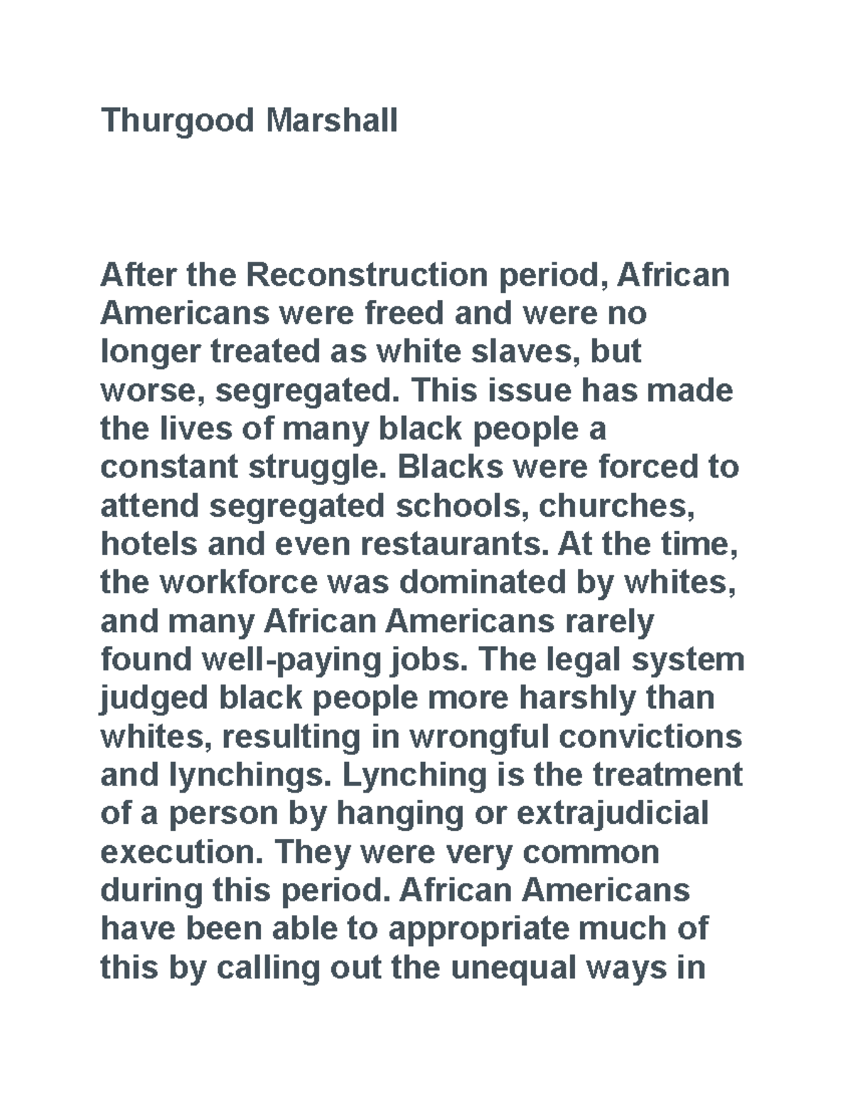 Thurgood Marshall - Thurgood Marshall After the Reconstruction period ...