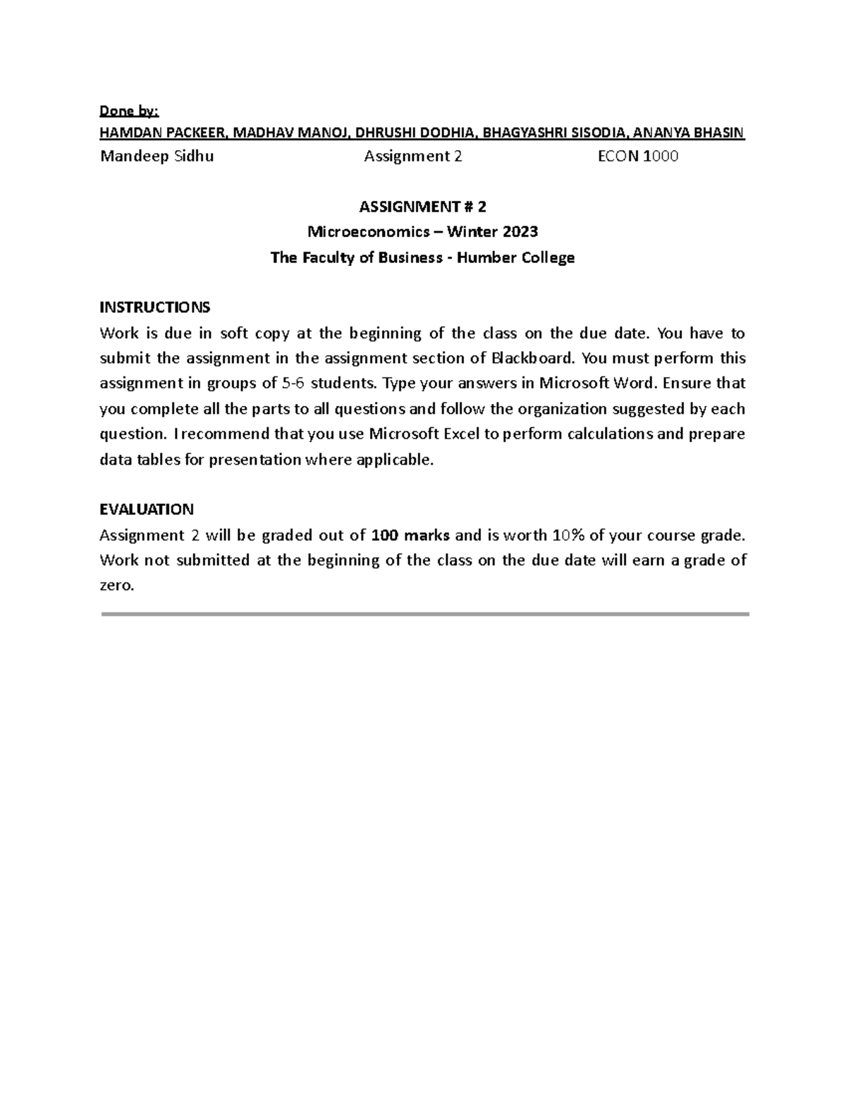 Economics Assignment 2 Answers - Done by: HAMDAN PACKEER, MADHAV MANOJ, DHRUSHI DODHIA ...