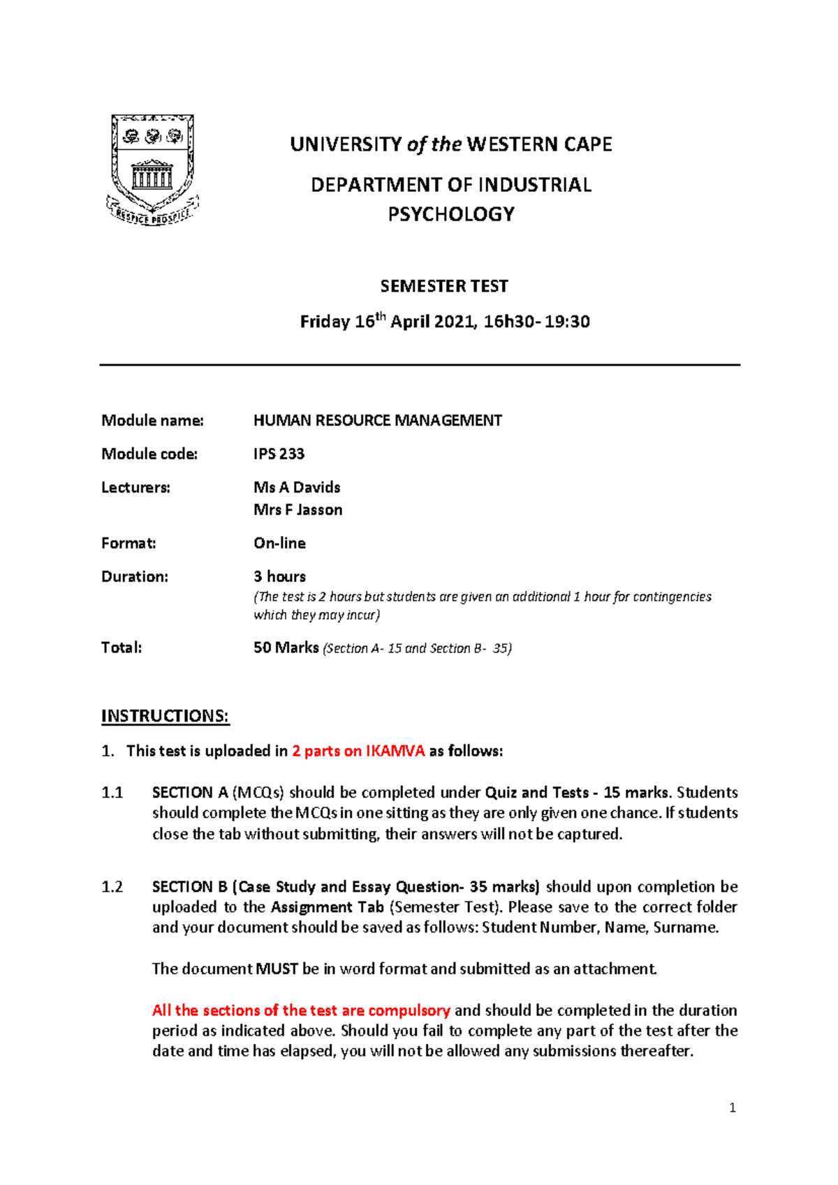 IPS 233 Semester Test Section B - SEMESTER TEST Friday 16th April 2021 ...
