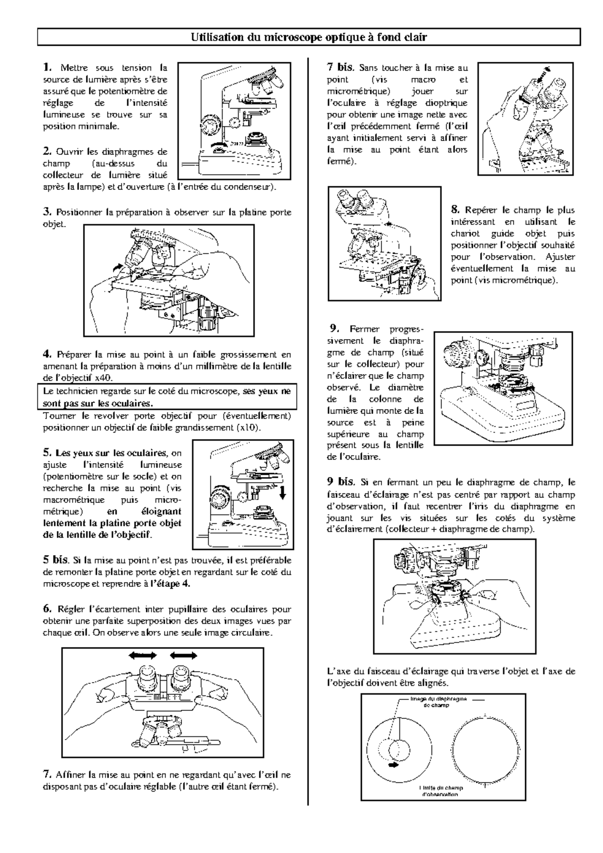 Utilisation du microscope photonique - Mettre sous tension la source de lumière après s’être ...