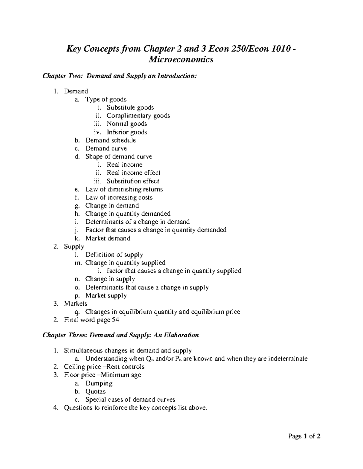Key concepts Econ 250 Econ 1010 Module 3 Chapters 2 and 3 - Key ...