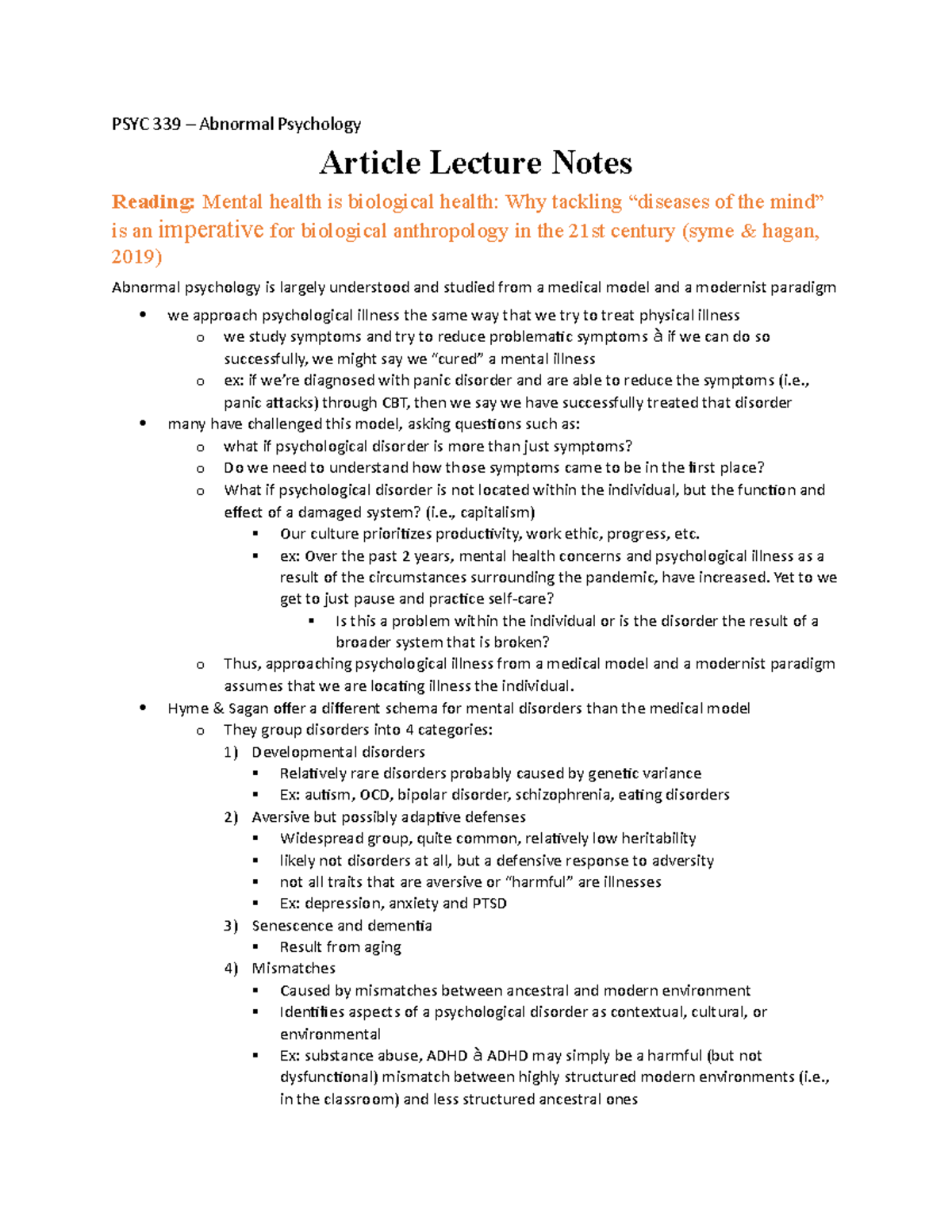 PSYC 339 Notes - PSYC 339 – Abnormal Psychology Article Lecture Notes ...