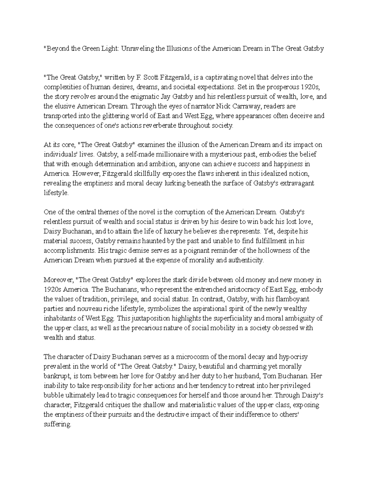 "Beyond the Green Light Unraveling the Illusions of the American Dream ...