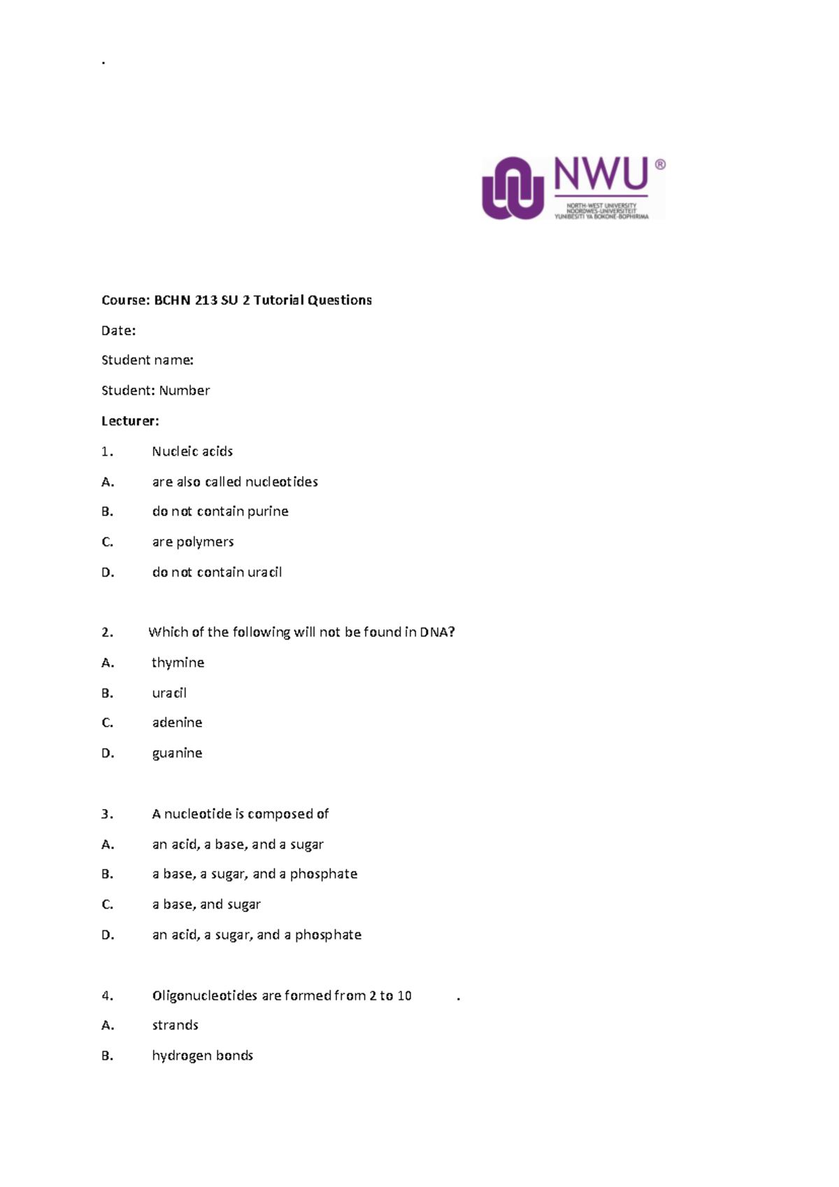 SU 2 Tutorial Questions copy - Course: BCHN 213 SU 2 Tutorial Questions ...