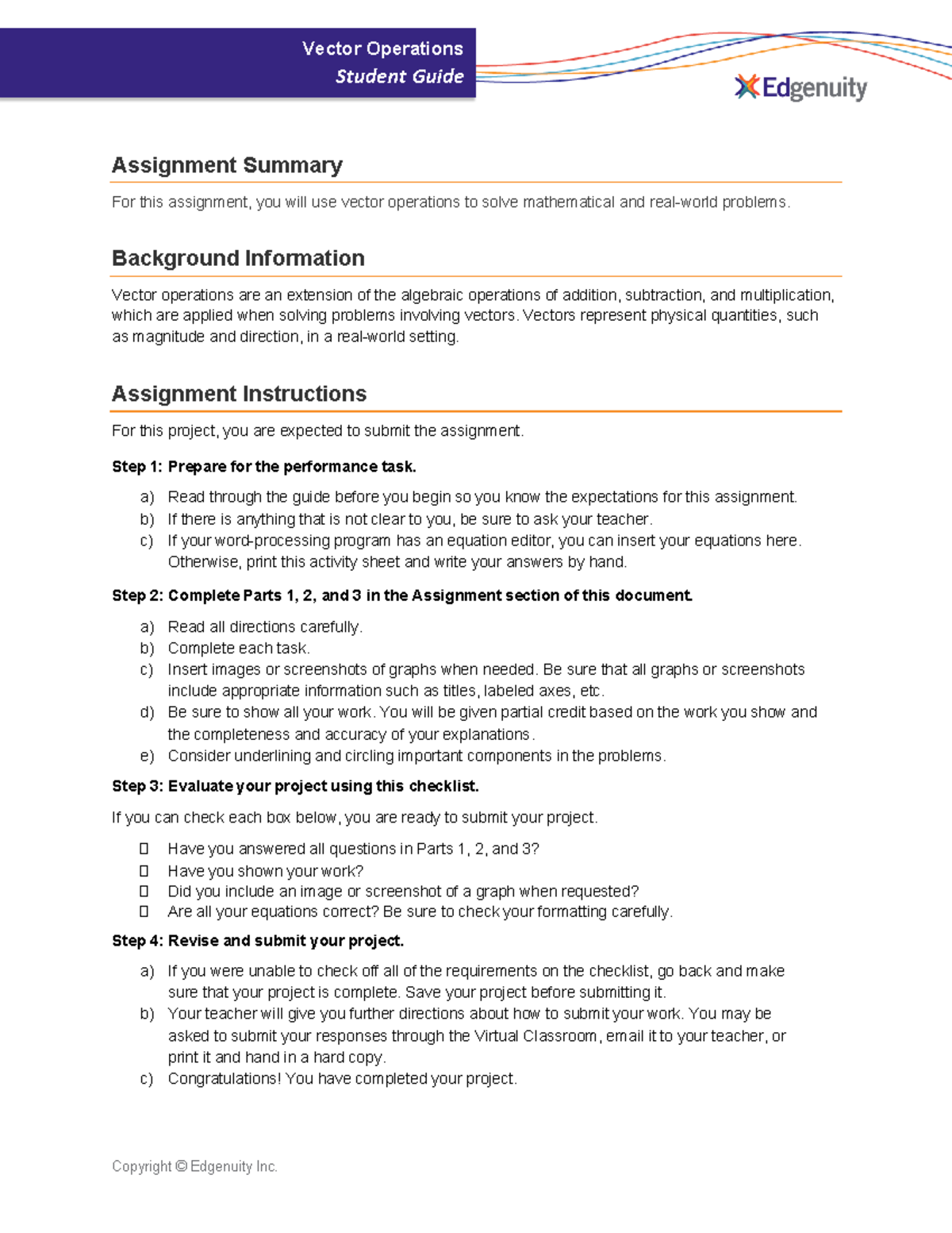 Performance Task - Vector Operations - Student Guide - Vector ...