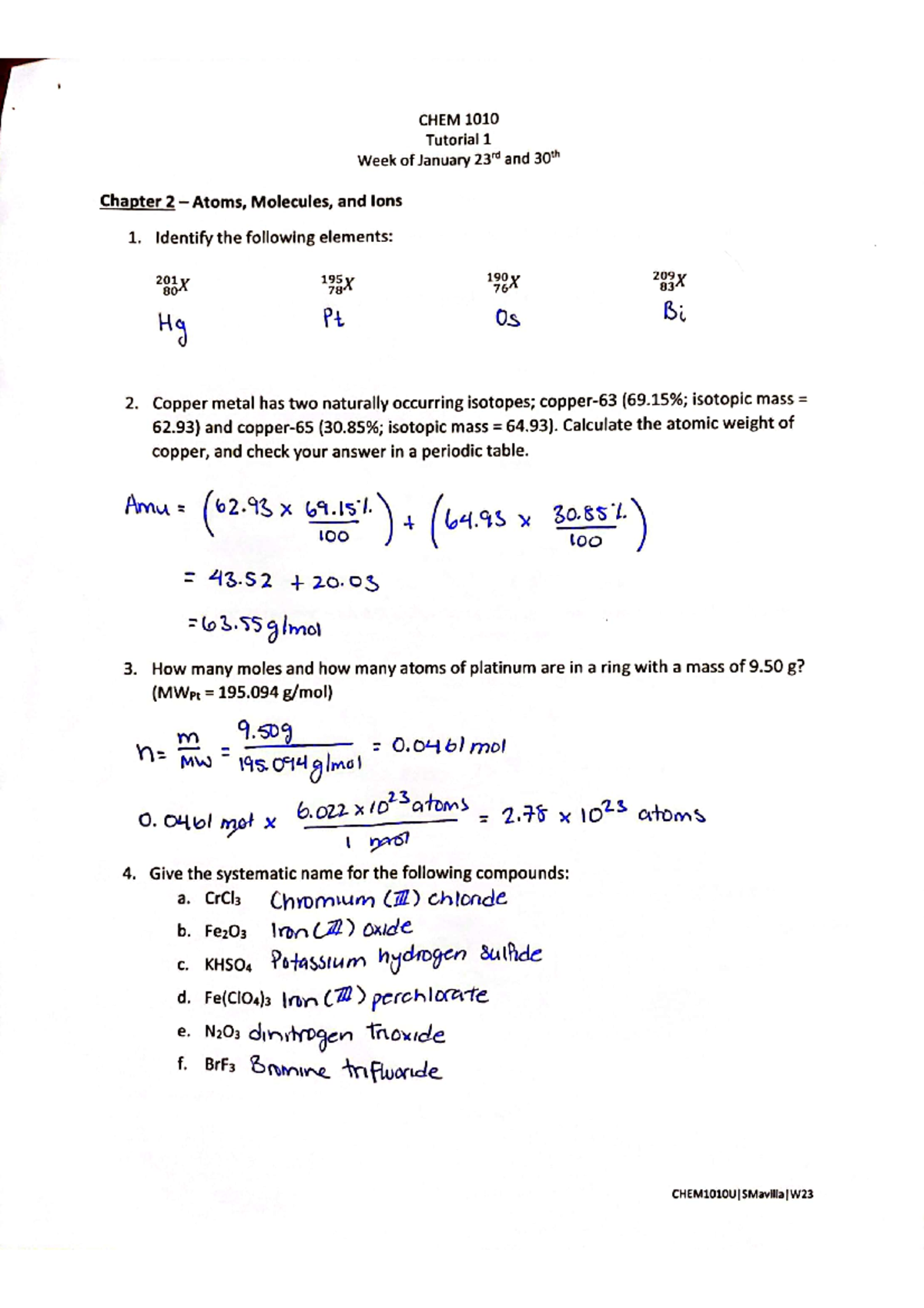 CHEM1010 Tut 1 SMavilla W23 Solutions - CHEM1010U - Studocu