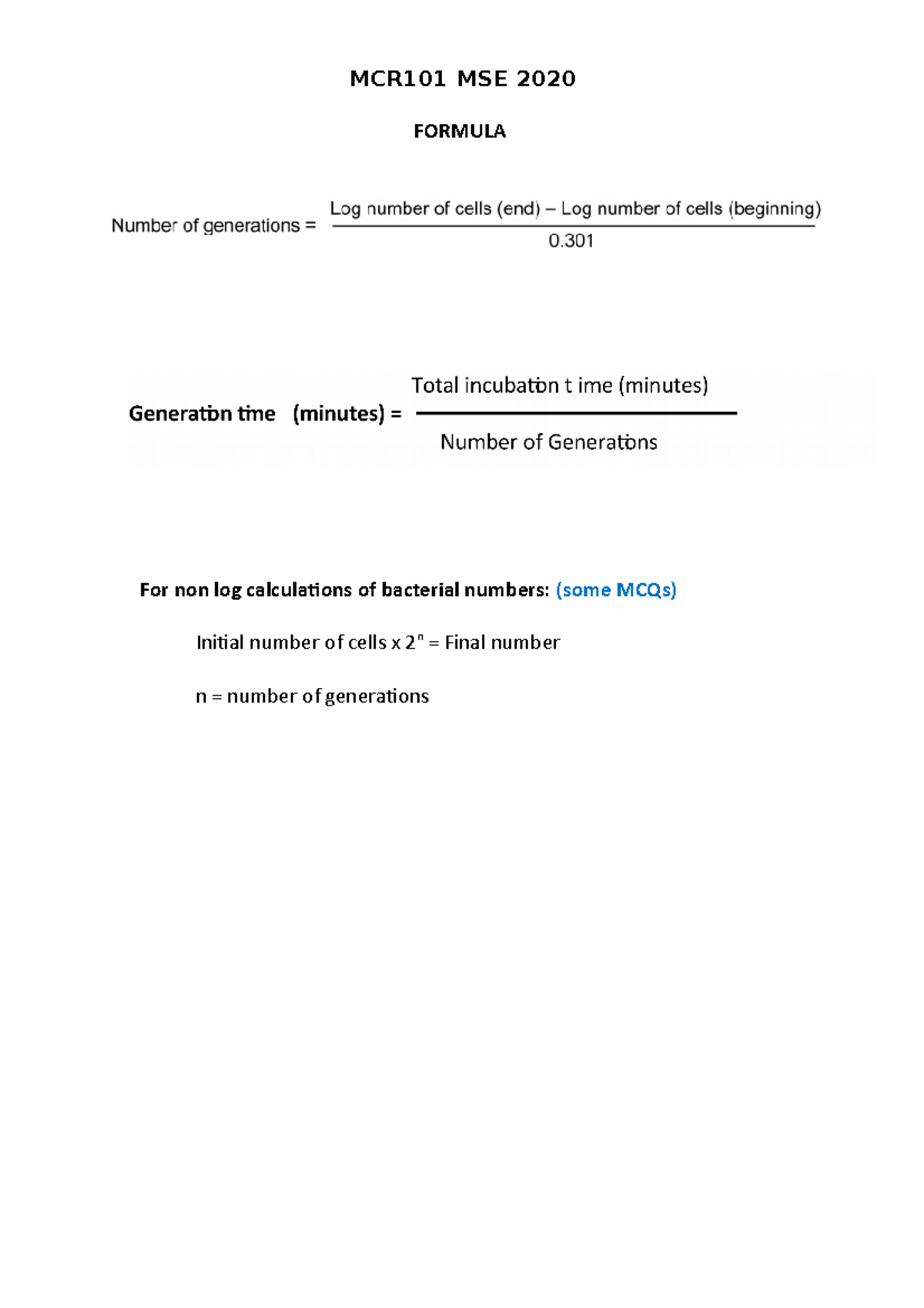 Question 1 SAQ MSE Practice - MCR101 MSE 2020 FORMULA For non log ...