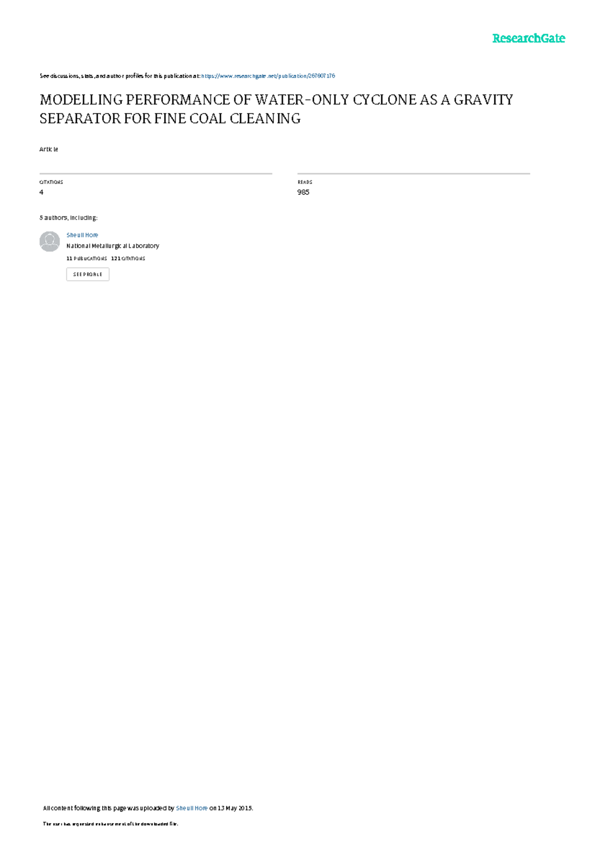 Modelling Performance OF Water-ONLY Cyclone AS A G - See discussions ...