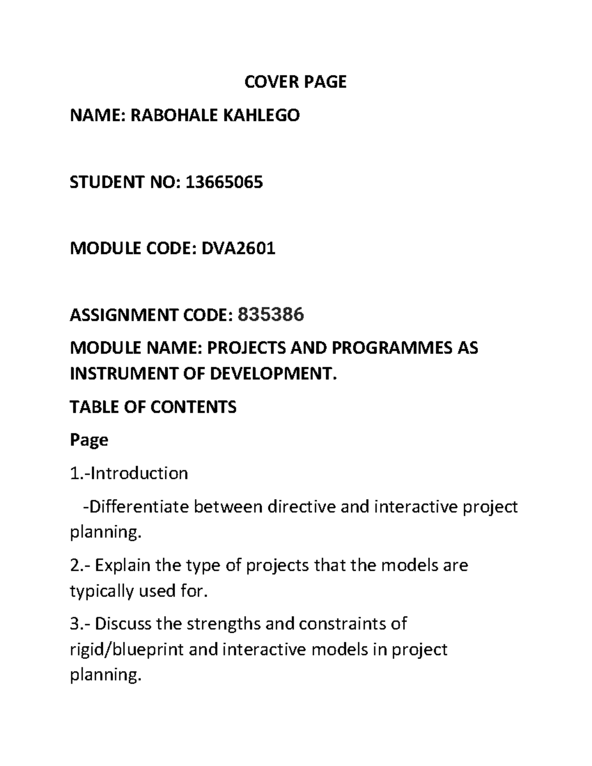 Assign 3 - Development studies - COVER PAGE NAME: RABOHALE KAHLEGO ...
