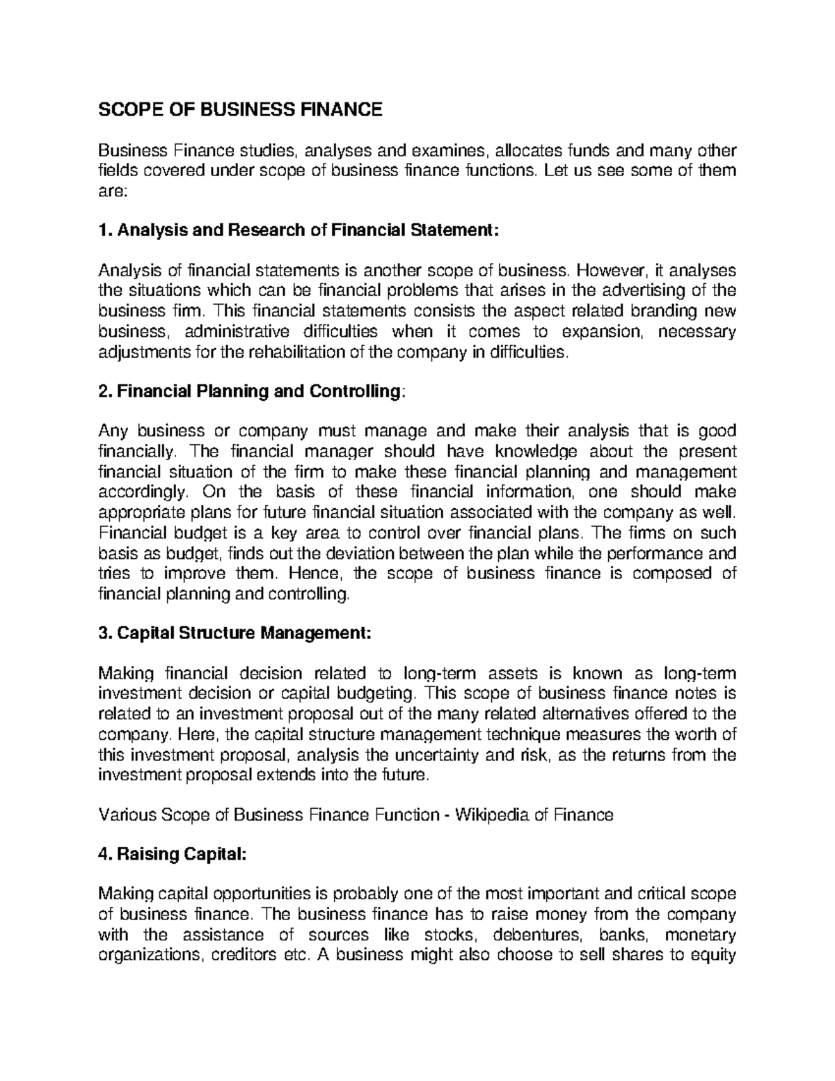 Business Finance NOTE - Lecture notes 12 - SCOPE OF BUSINESS FINANCE ...