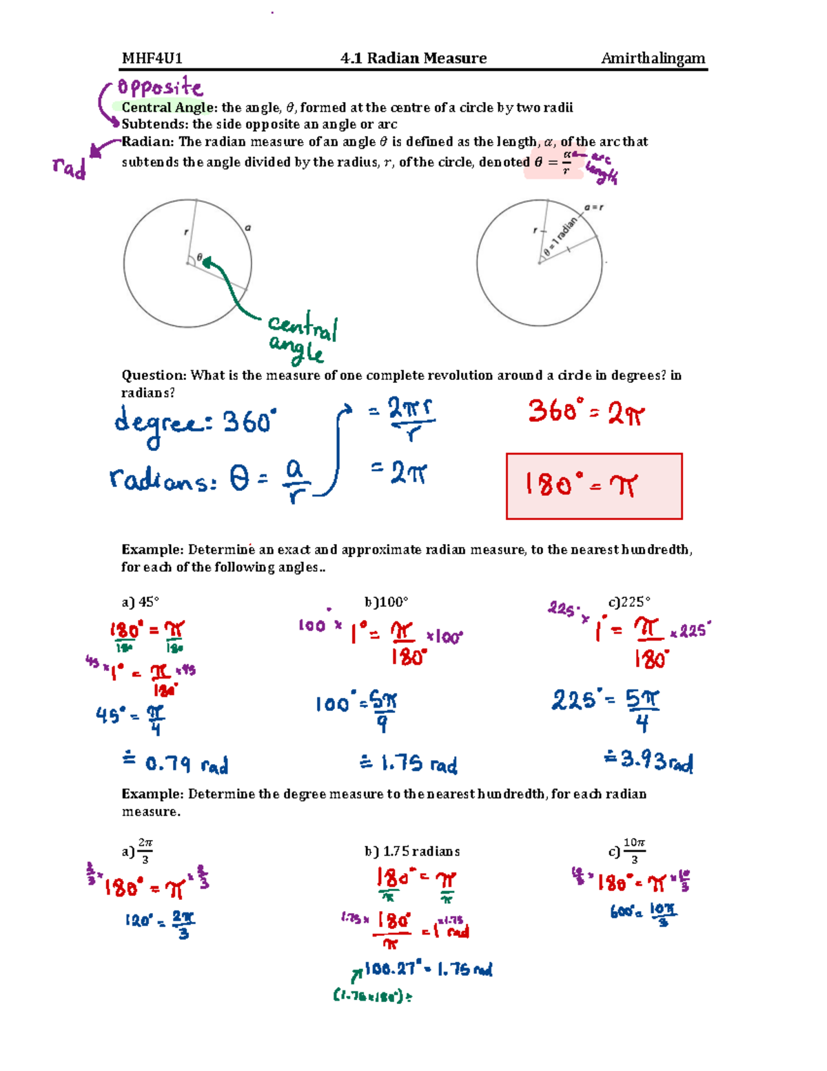 Unit 4 Lesson Notes - ####### MHF4U1 4 Radian Measure Amirthalingam ...