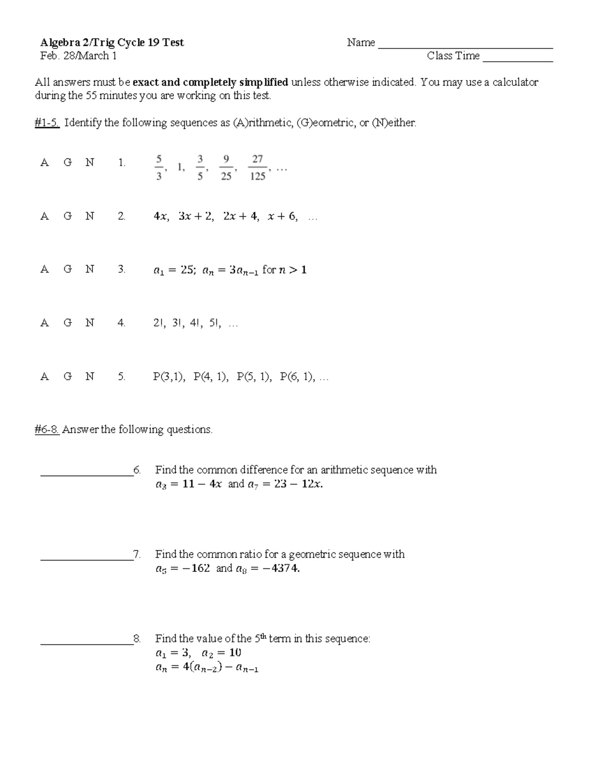 wertyuiuhgfdfghjk - Algebra 2/Trig Cycle 19 Test Name ...