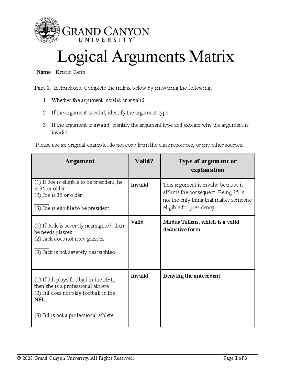 PHI 103 Logical Arguments Matrix Worksheet - Logical Arguments Matrix ...