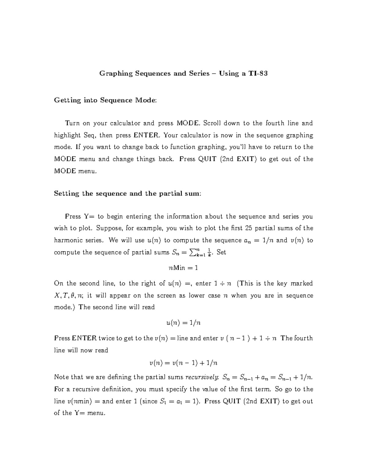 Graph 83 - Lecture notes 2 - Graphing Sequences and Series Using a ...