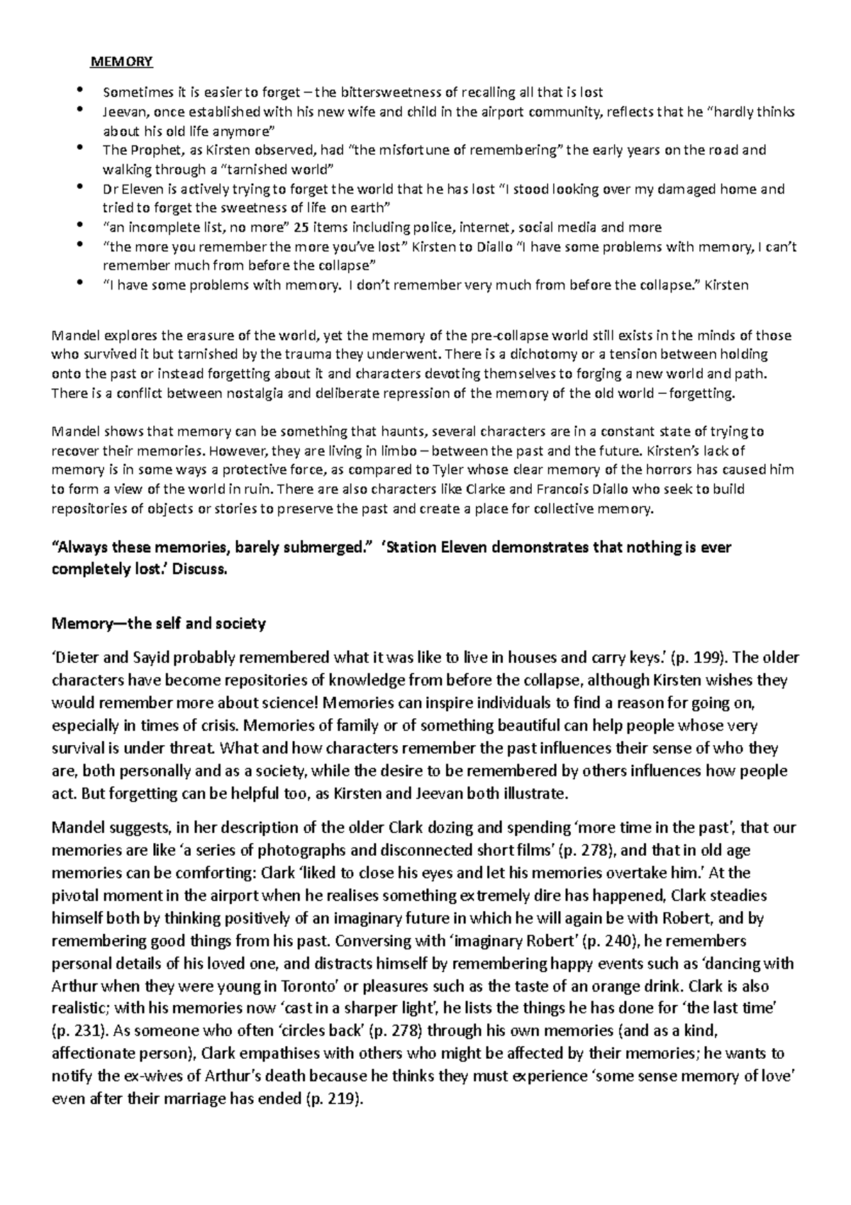 Station Eleven Notes - MEMORY Sometimes it is easier to forget – the ...