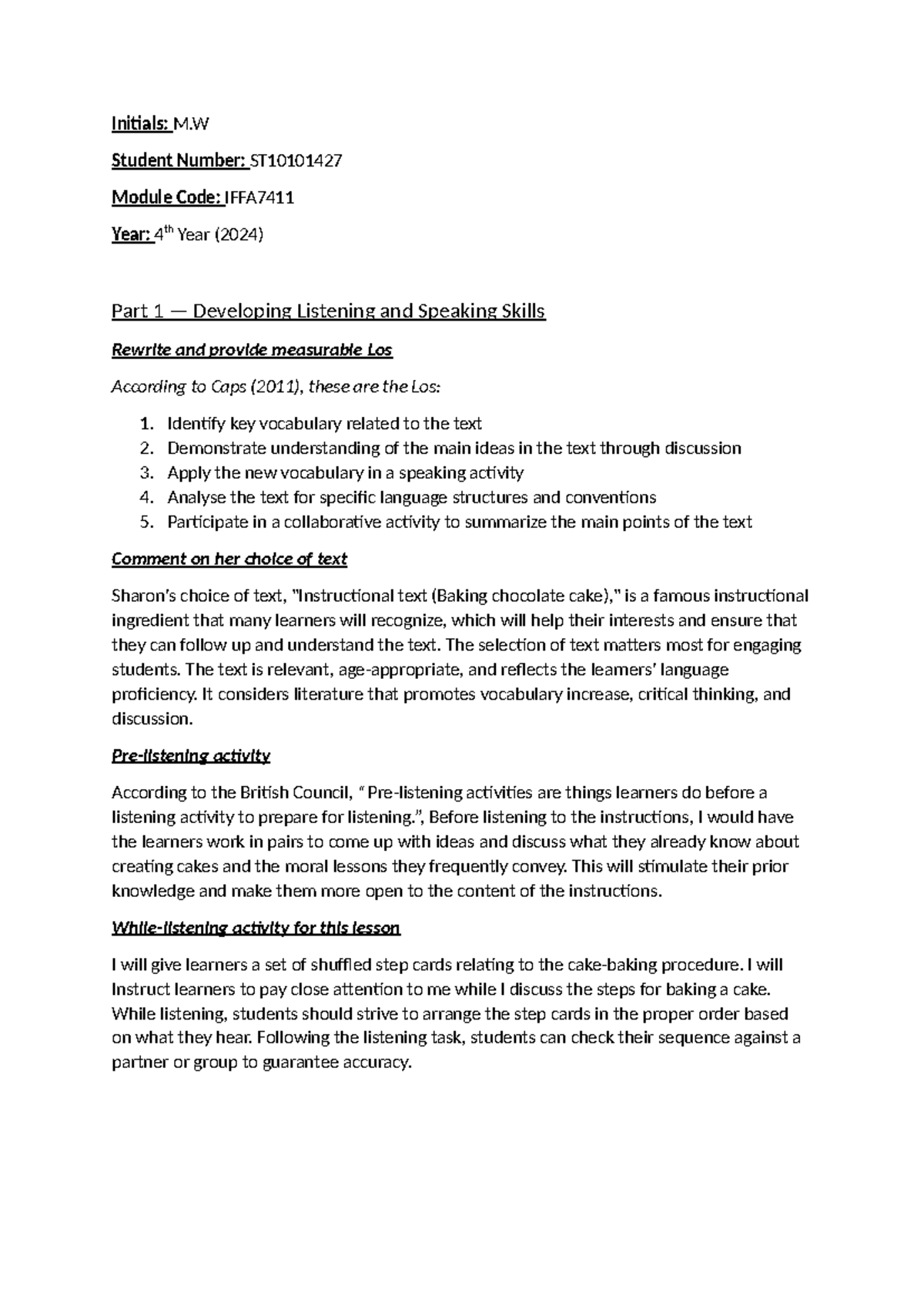 POE IFFA7411 - PORTFOLIO OF EVIDENCE - Initials: M Student Number: ST ...