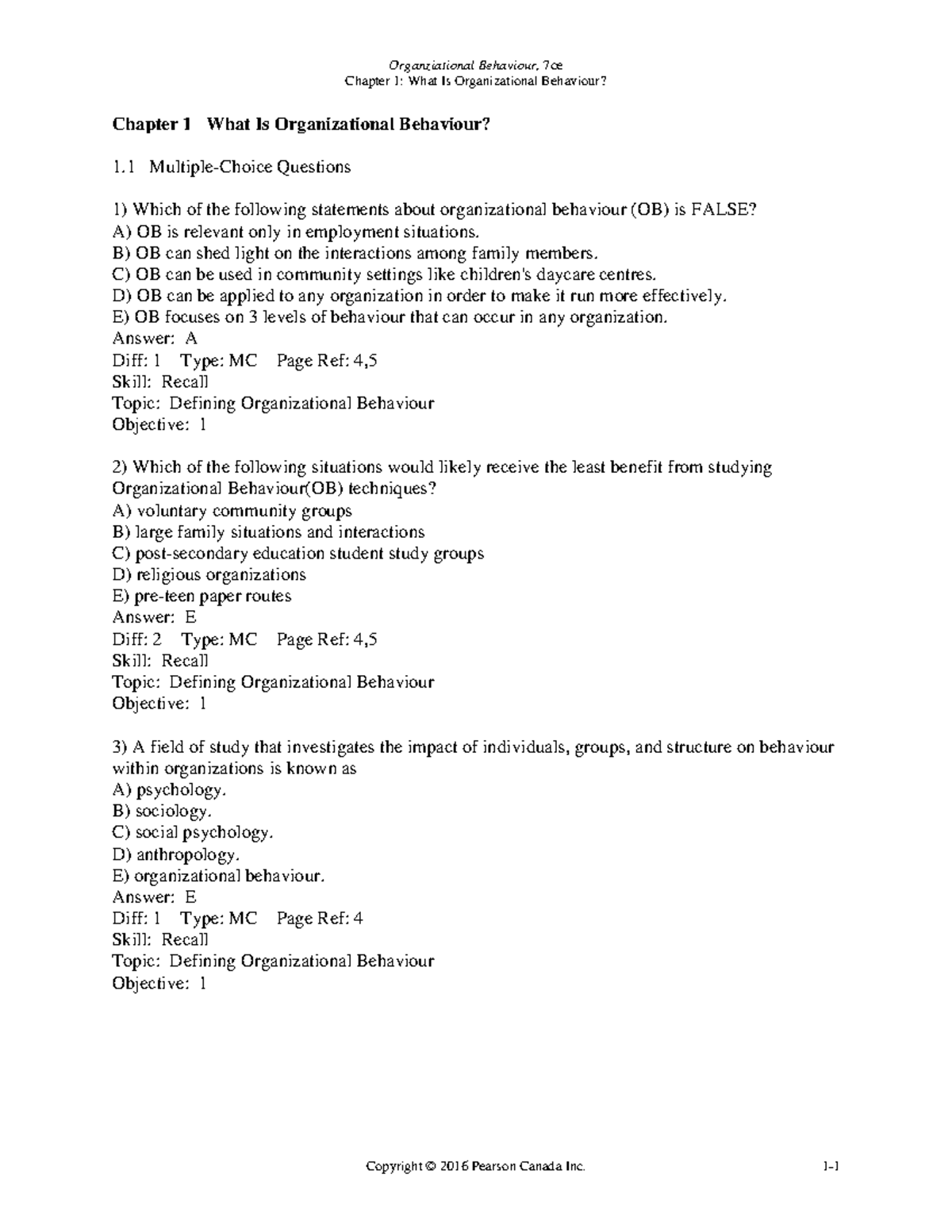 Langton OB 7ce ch01 tb - Organziational Behaviour, 7ce Chapter 1: What Is Organizational ...