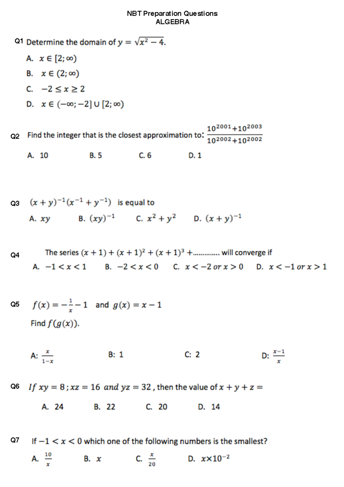 NBT Prep Question [ALG+FUNC] - NBT Preparation Questions Q ALGEBRA Q Q ...