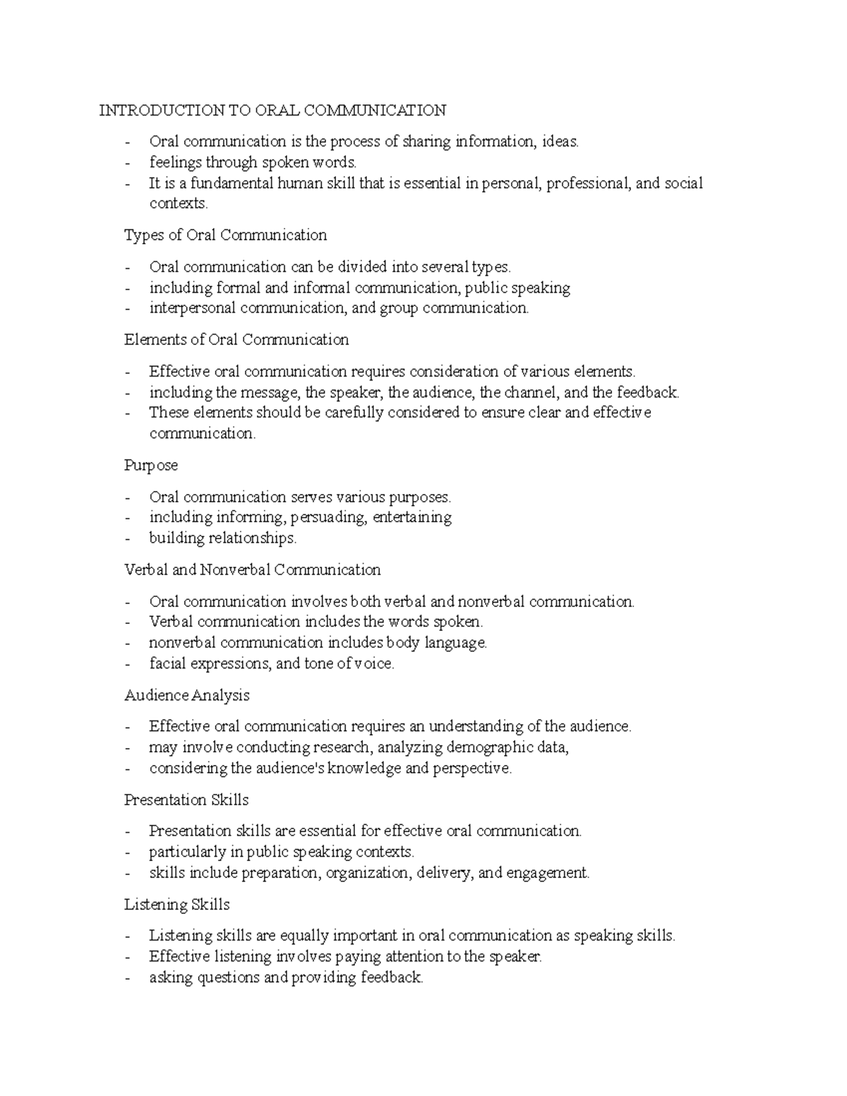 Introduction TO ORAL Communication Notes 1 - INTRODUCTION TO ORAL ...