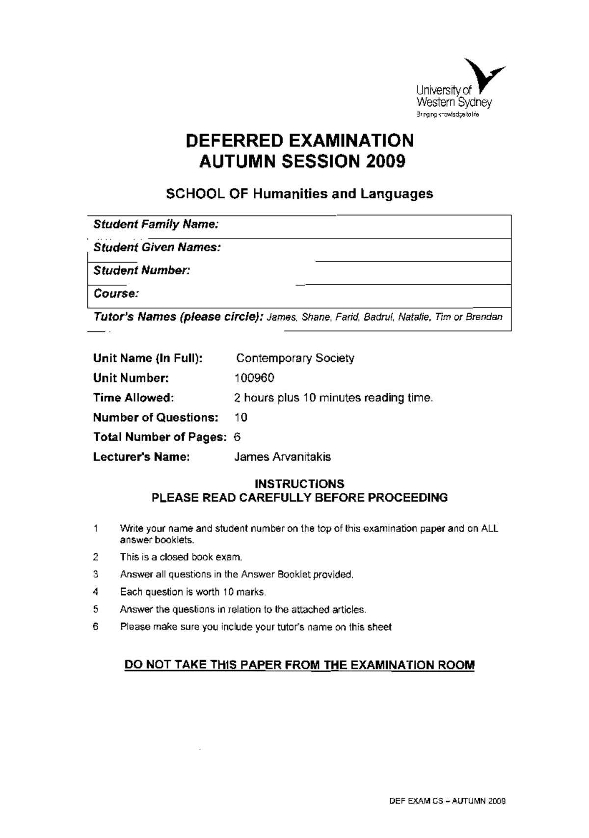 100960(Deferred) - UniversityY Western Sydney Bringing knowledge to ...