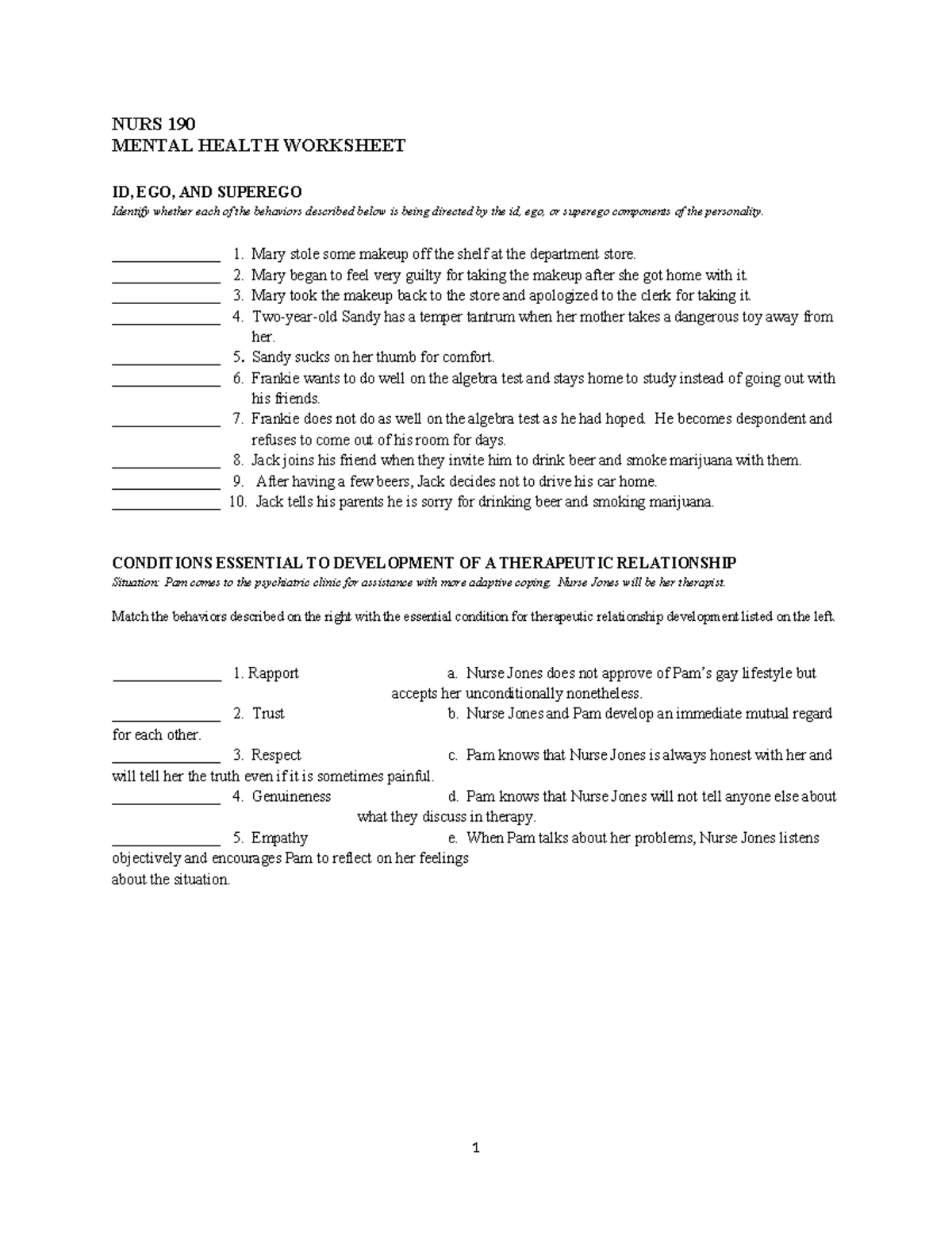 Mental Health Worksheet 3 4 13 - NURS 190 MENTAL HEALTH WORKSHEET ID ...