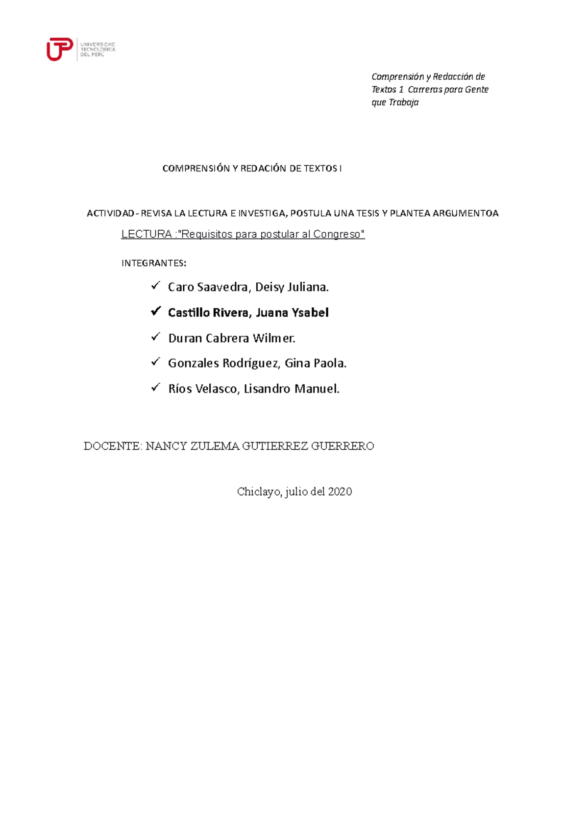 U3 S6 Tarea-Texto argumentativo(requisitos - Comprensión y Redacción de Textos 1 Carreras para ...