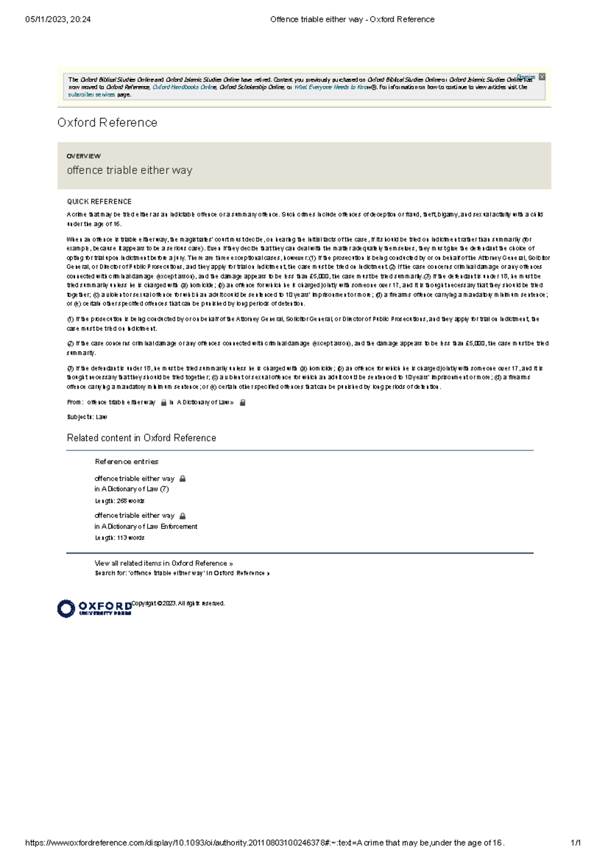 Offence triable either way - Oxford Reference - 05/11/2023, 20:24 ...