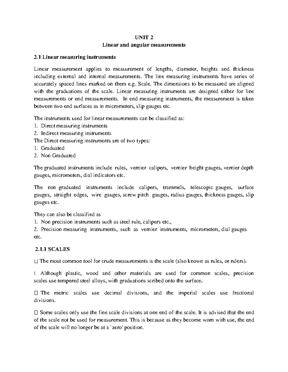 Mechanical unit2 - UNIT 2 Linear and angular measurements 2 Linear ...