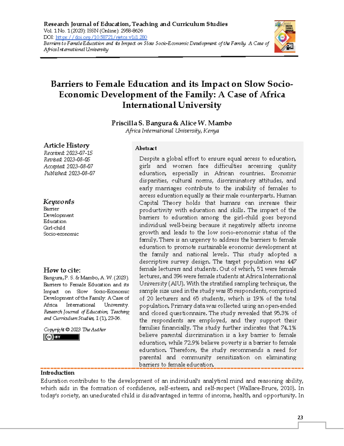 Barriers to Female Education and its Impact on Slo - Vol. 1 No. 1 (2023 ...
